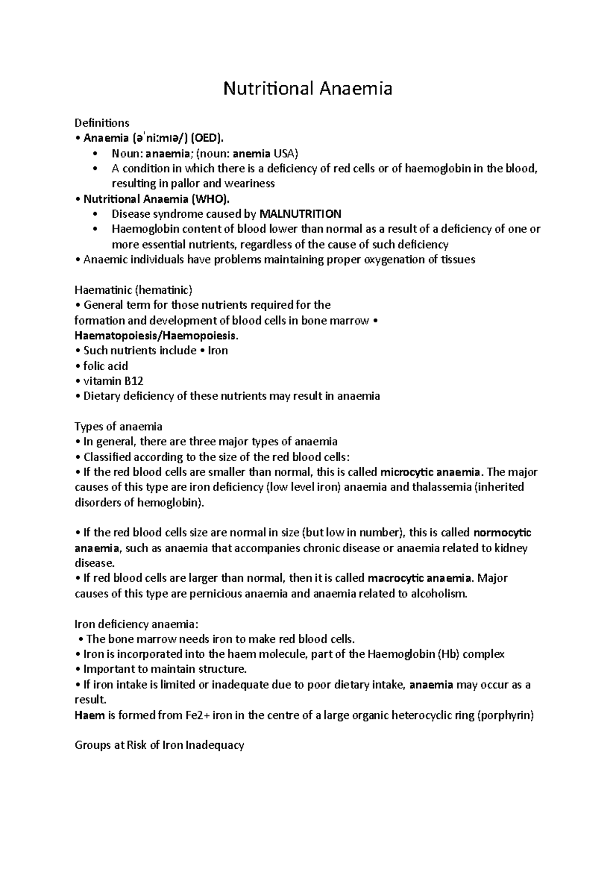 Nutritional Anaemia - Lecture notes Semester 2 of 2nd year ...