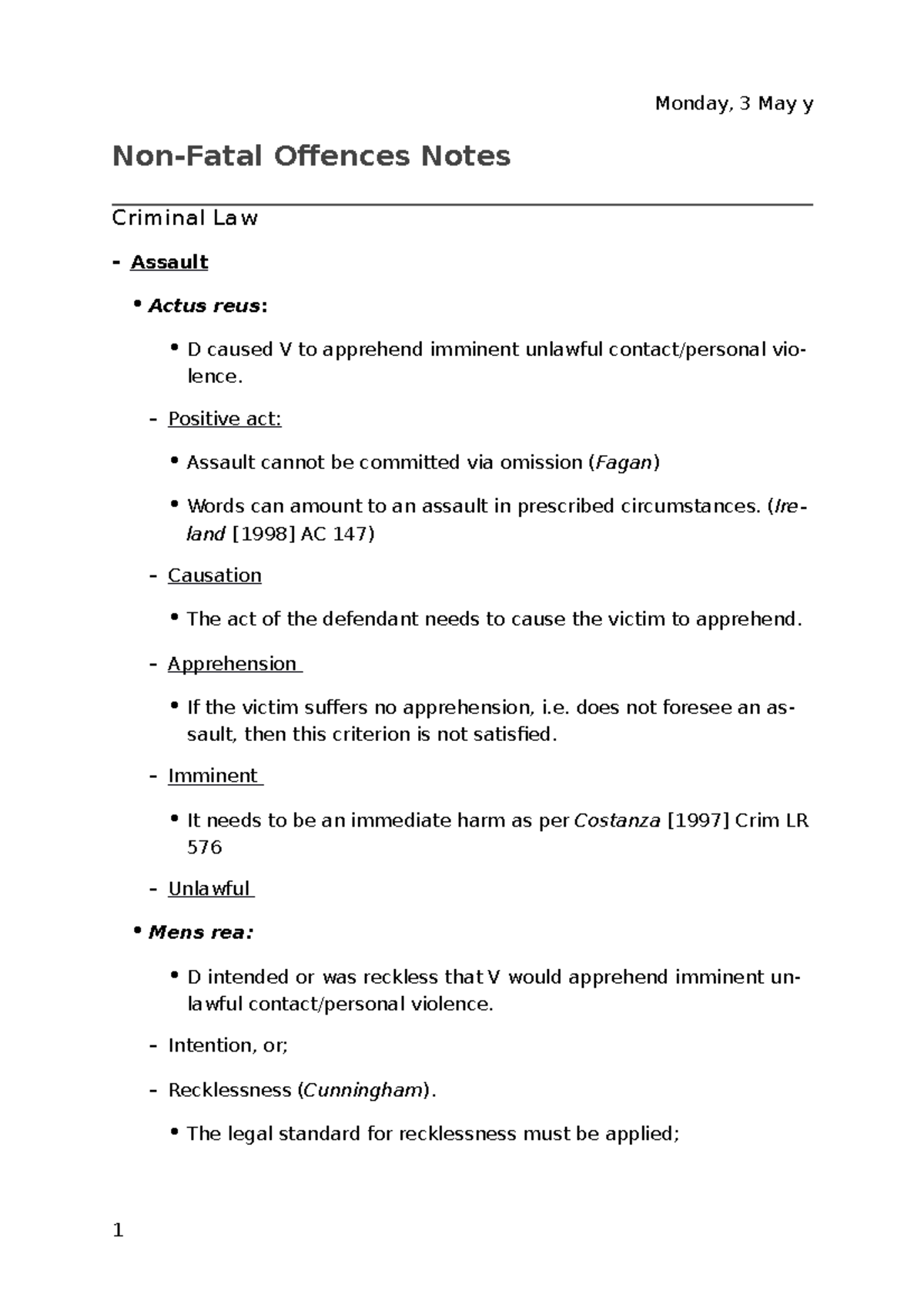Non-Fatal Offences Notes - Wednesday, 20 November y Non-Fatal Offences ...