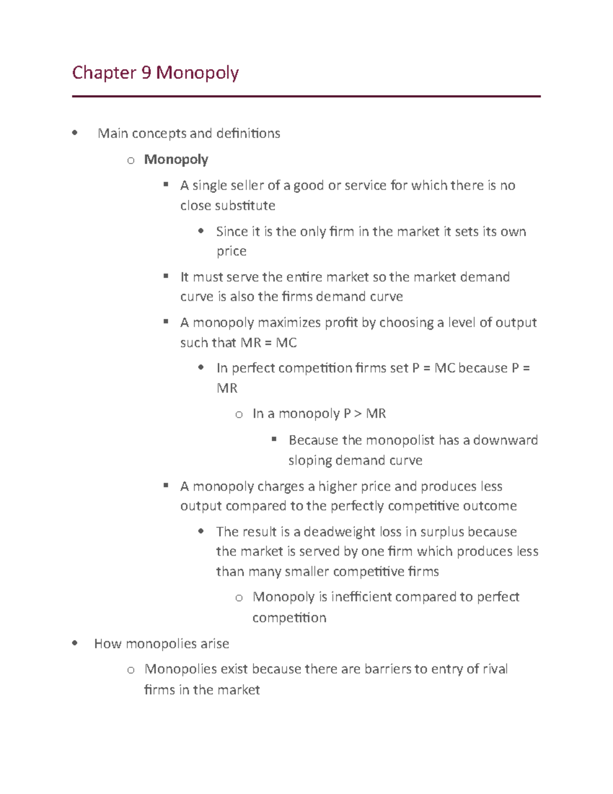 Chapter 9 Monopoly - notes - Chapter 9 Monopoly Main concepts and ...