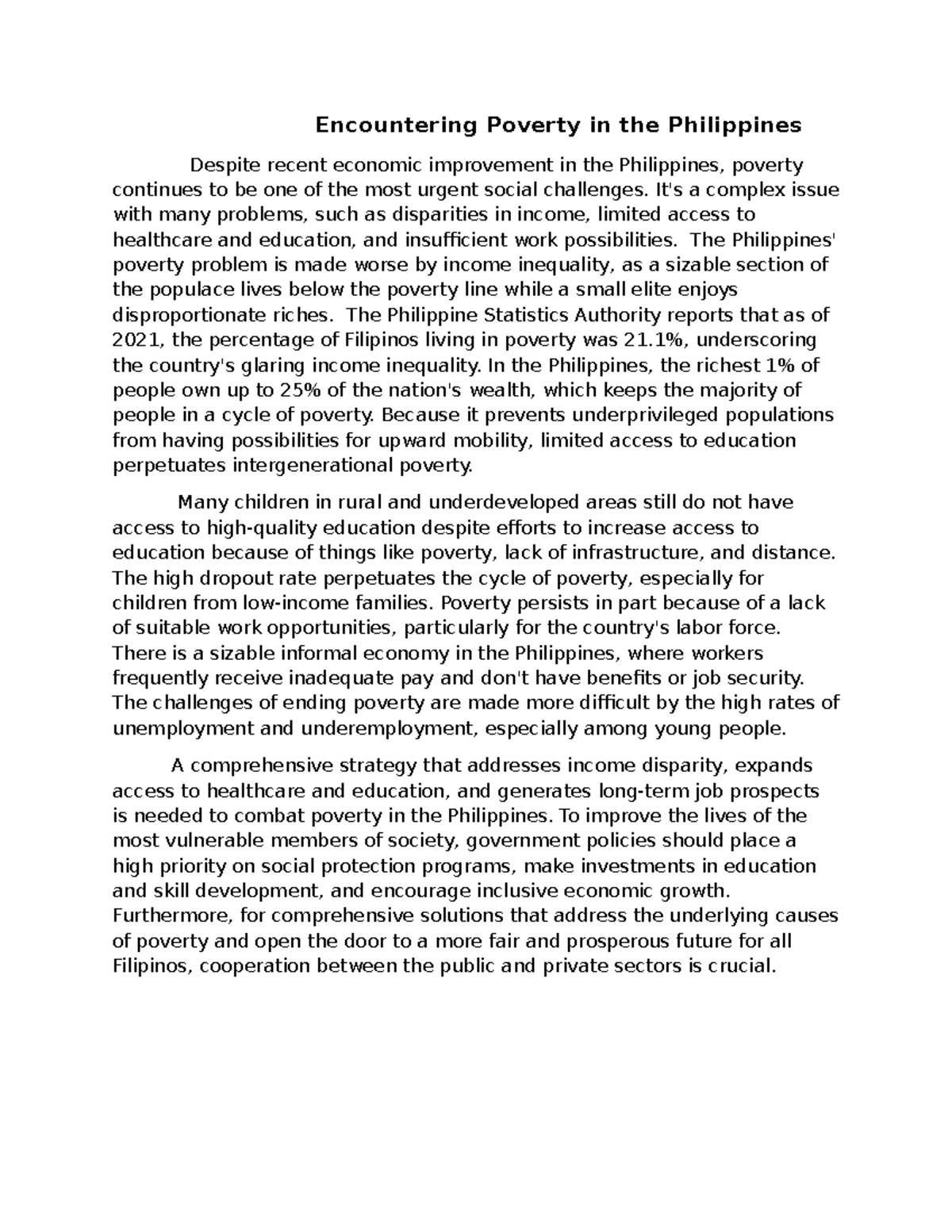 Claim Paragraph ( Reading AND Writing) - Encountering Poverty in the ...