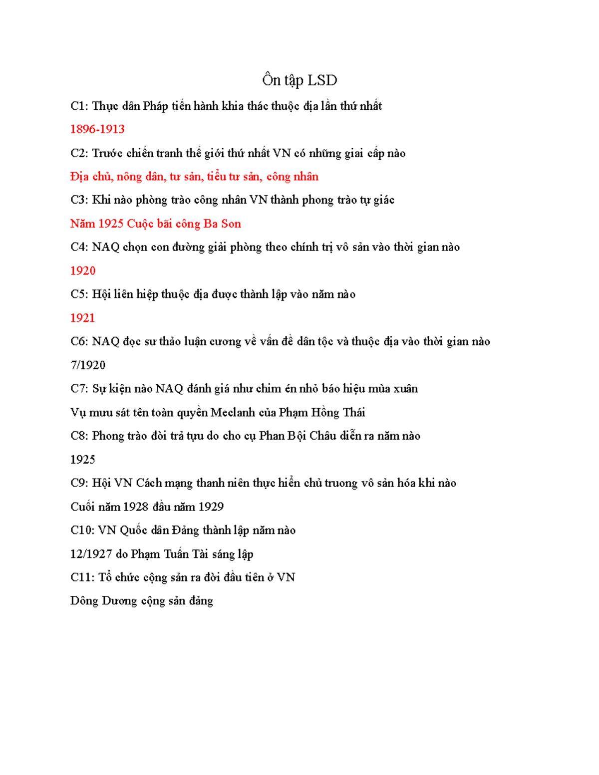 Ôn tập LSD - Bài tập luyện LSD - Ôn tập LSD C1: Thực dân Pháp tiến hành khia thác thuộc địa lần ...