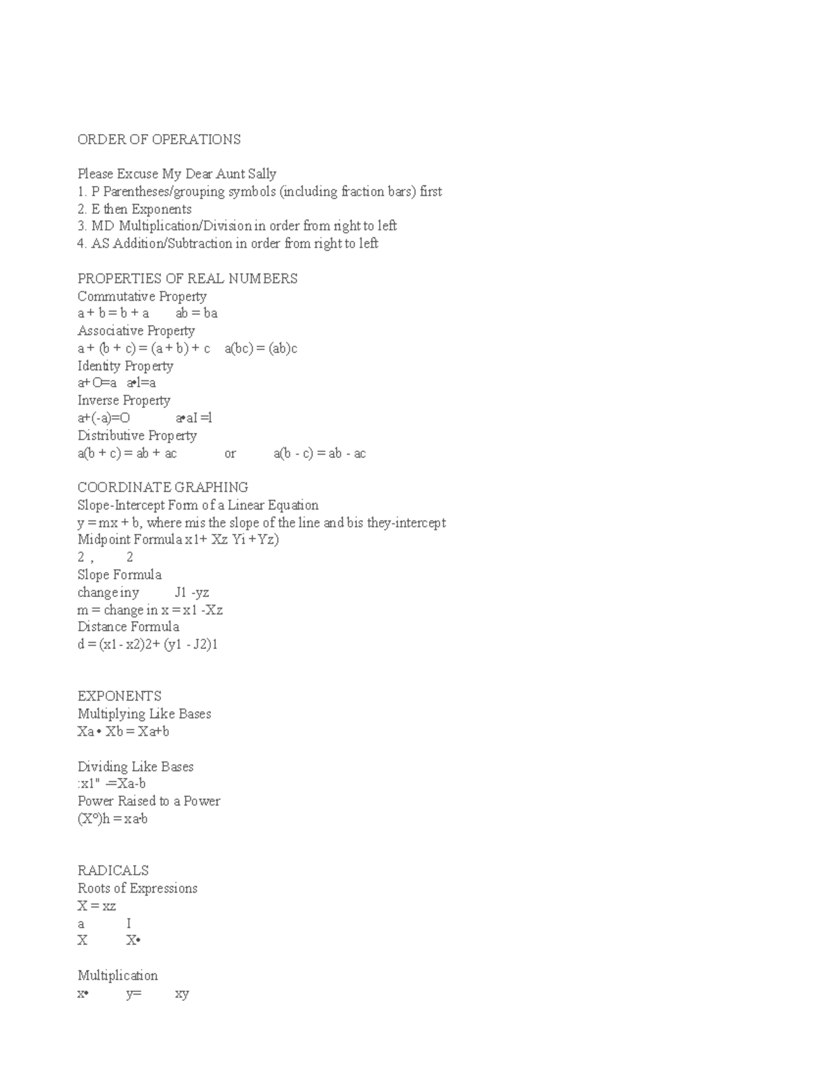 Algebra cheat sheet - ORDER OF OPERATIONS Please Excuse My Dear Aunt ...