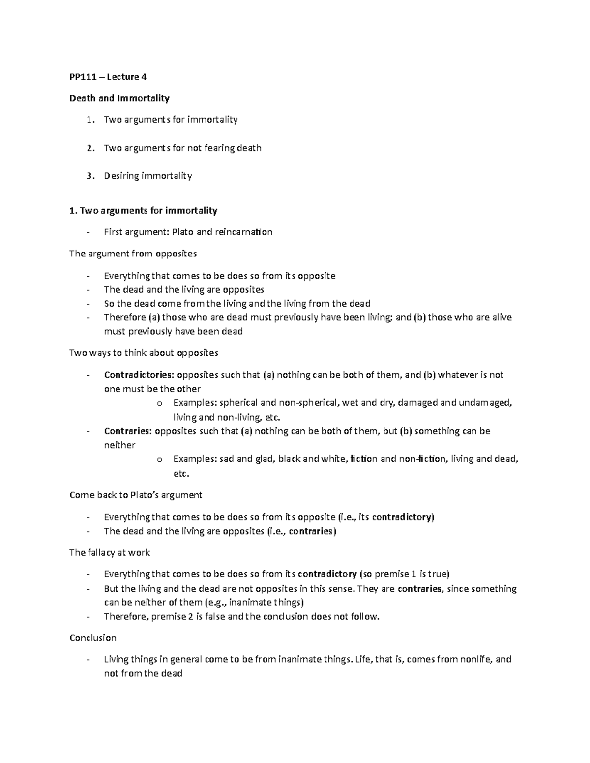 Philosophy 4 - notes - PP111 – Lecture 4 Death and Immortality 1. Two ...