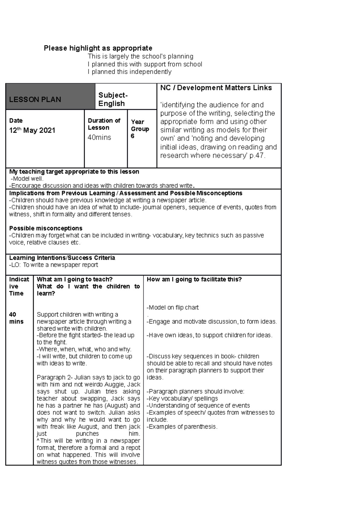 12th English Shared Write To Write A Newspaper Report Please