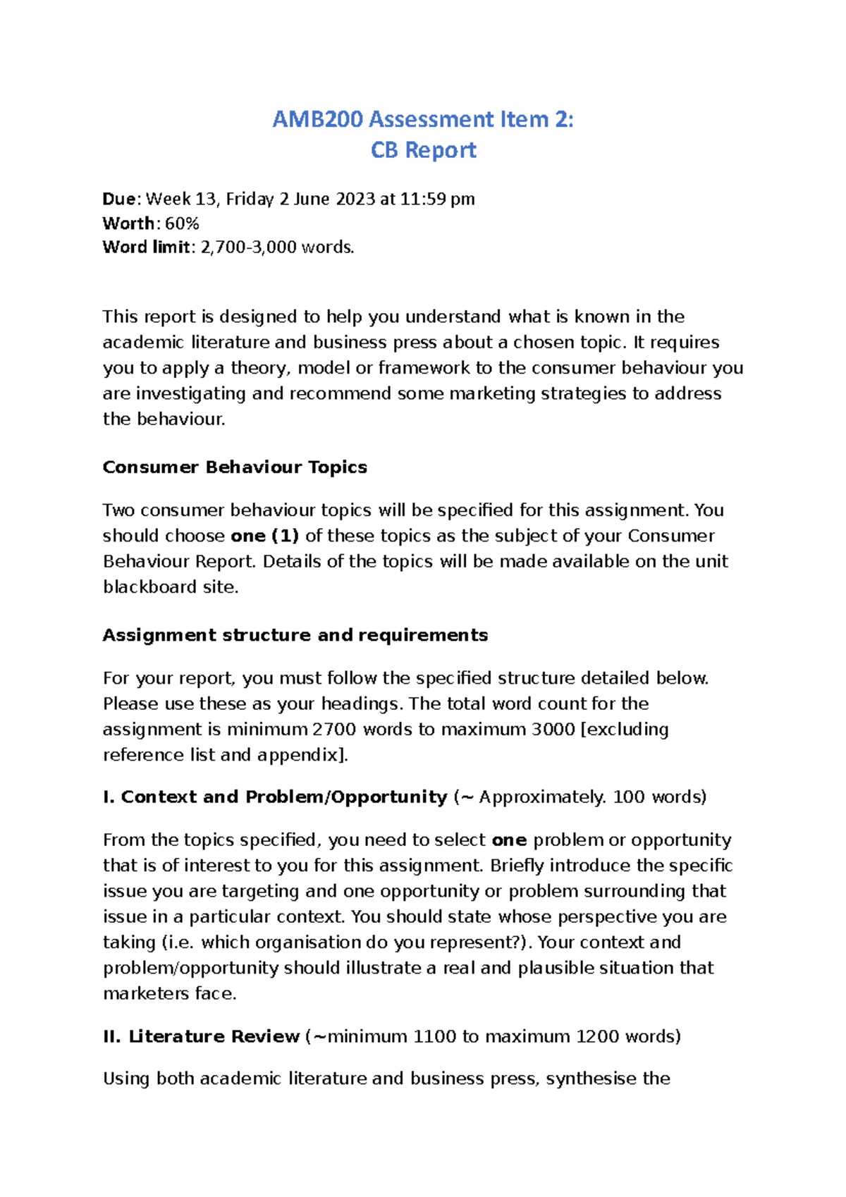 AMB200 CB report Task Instructions - AMB200 Assessment Item 2: CB ...