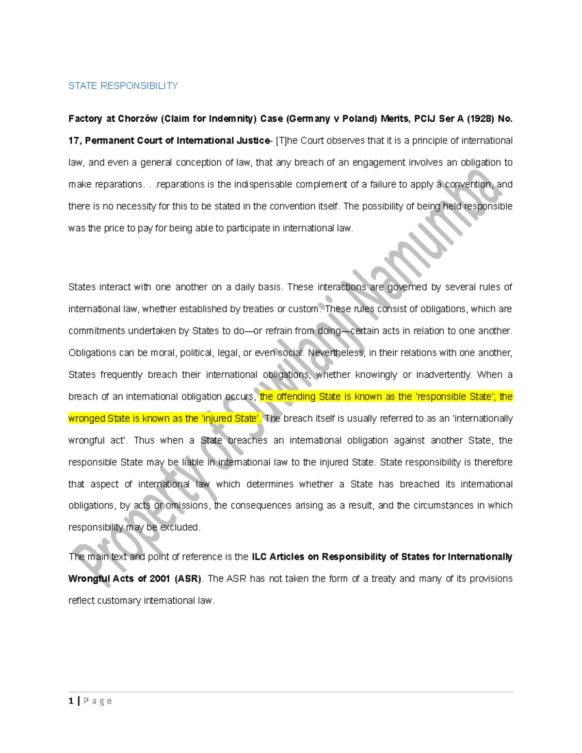 State Responsibility Notes - STATE RESPONSIBILITY Factory at Chorzów ...