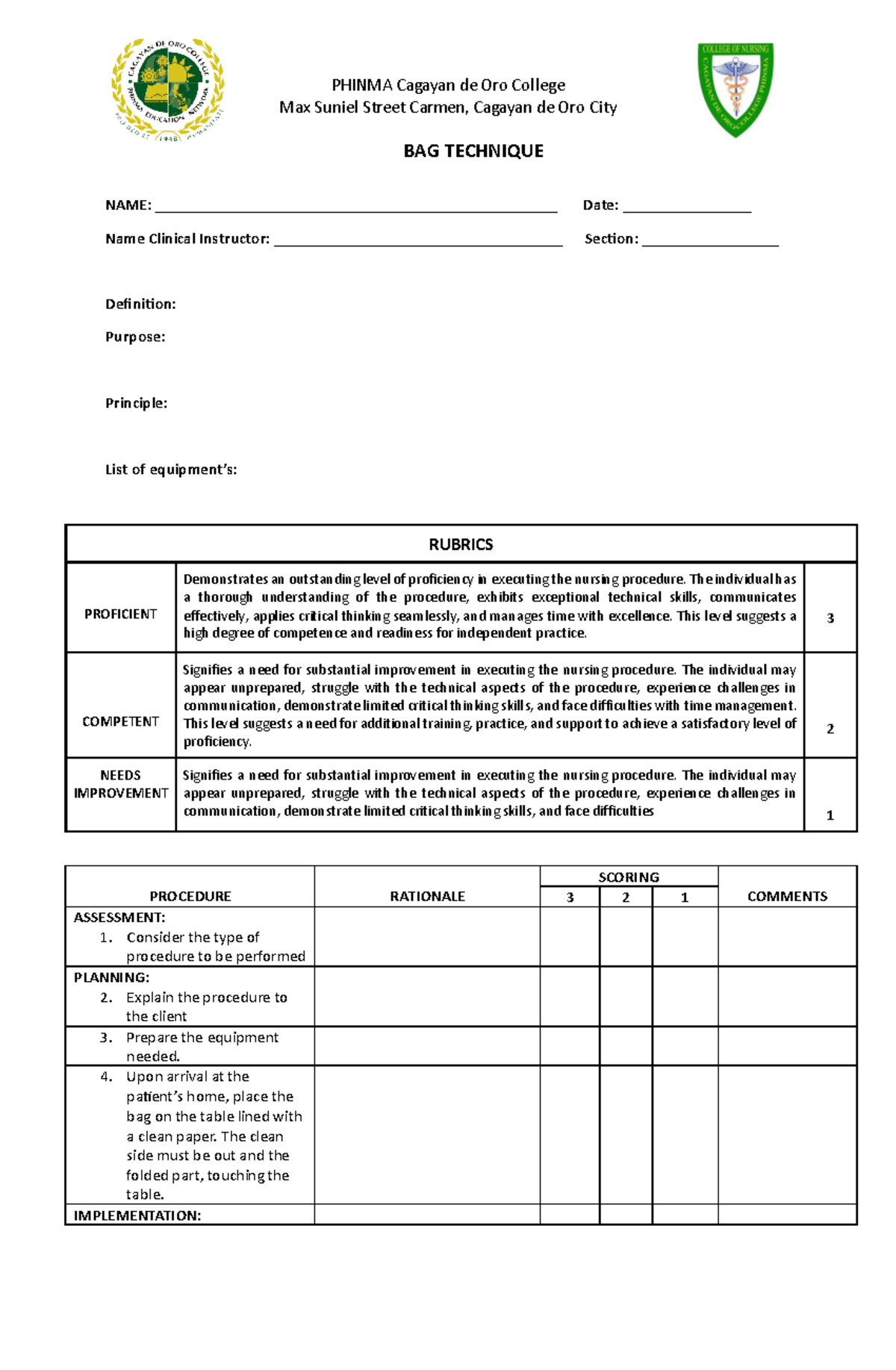 BAG Technique Checklist - PHINMA Cagayan de Oro College Max Suniel ...