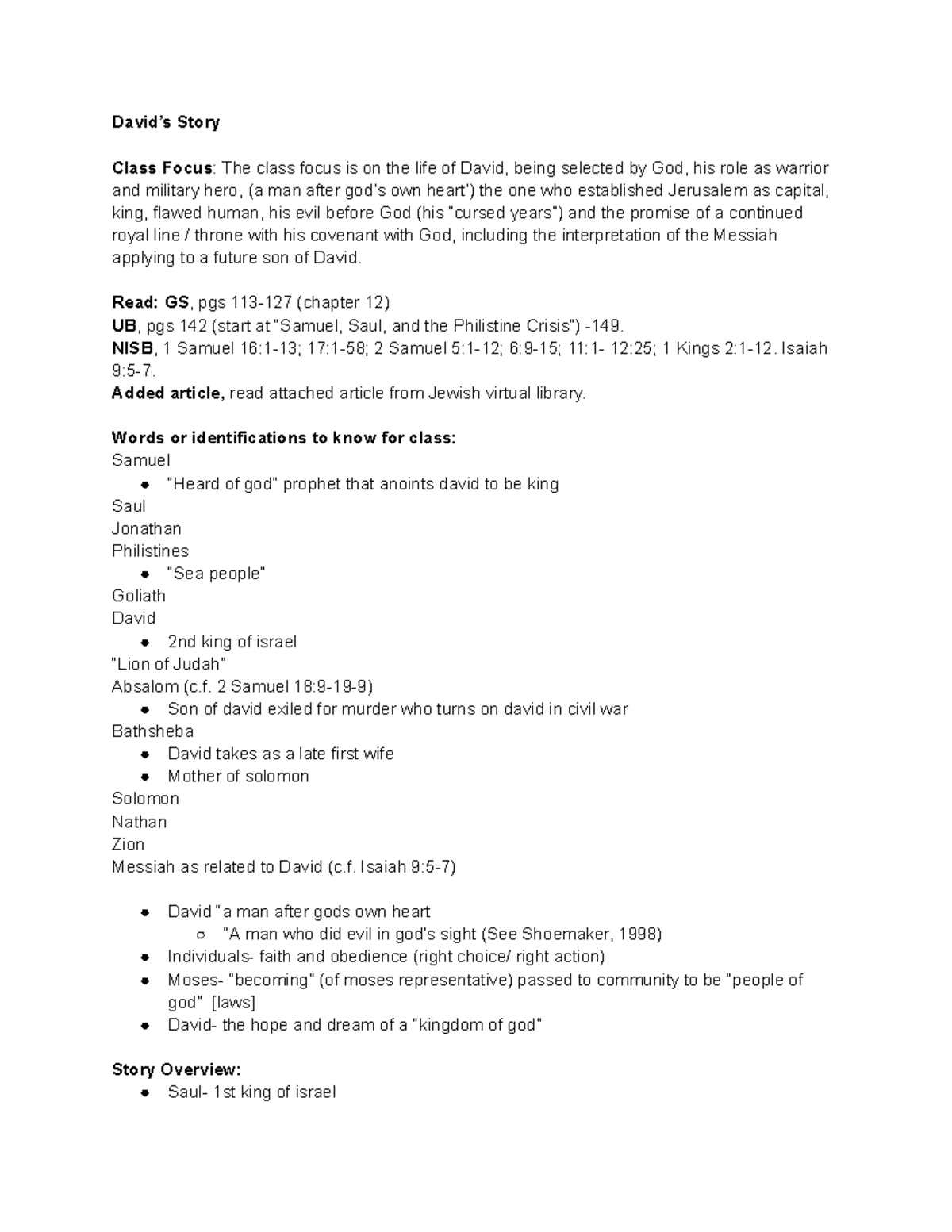 David’s Story - Lecture notes 21 - David’s Story Class Focus : The ...