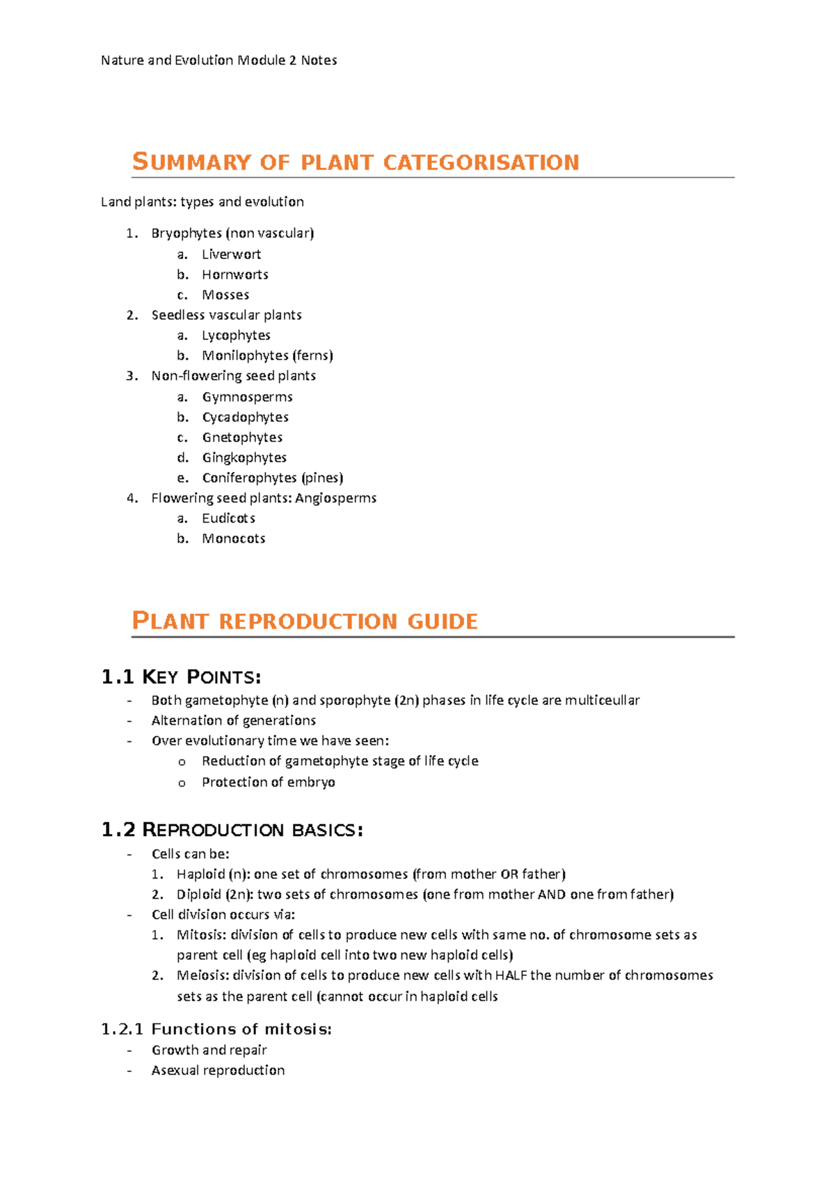 Nature And Evolution Module 2 Notes - SUMMARY OF PLANT CATEGORISATION ...