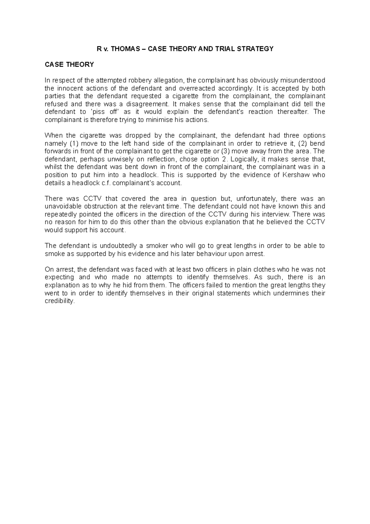 Oral Skills: R v. Thomas Case Theory and Trial Strategy - R v. THOMAS ...