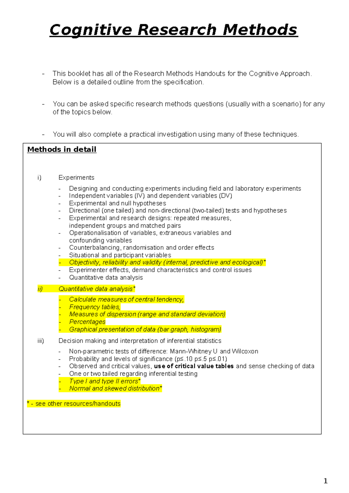 Cognitive Research methods work booklet - Cognitive Research Methods ...