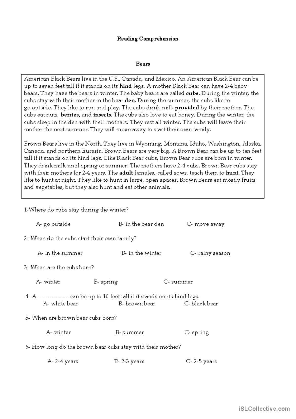 Reading Comprehension - Reading Comprehension Bears American Black ...