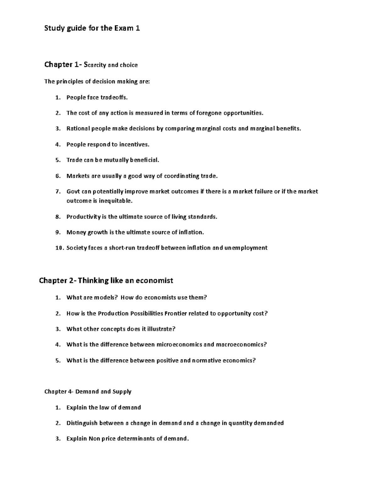 Review For Exam 1 Study Guide For The Exam 1 Chapter 1 Scarcity And