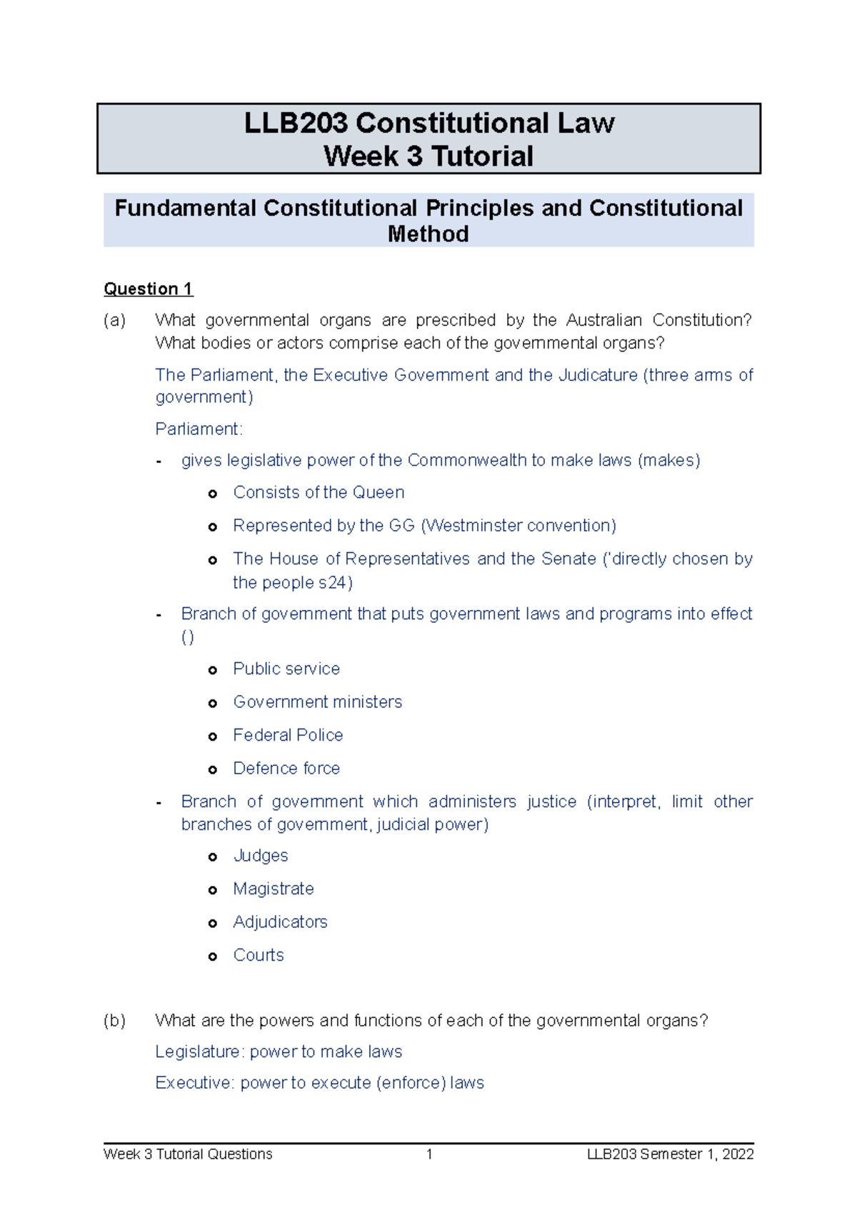 Week 3 - Week 3 tutorial note summary - LLB203 Constitutional Law Week 3 Tutorial Fundamental ...