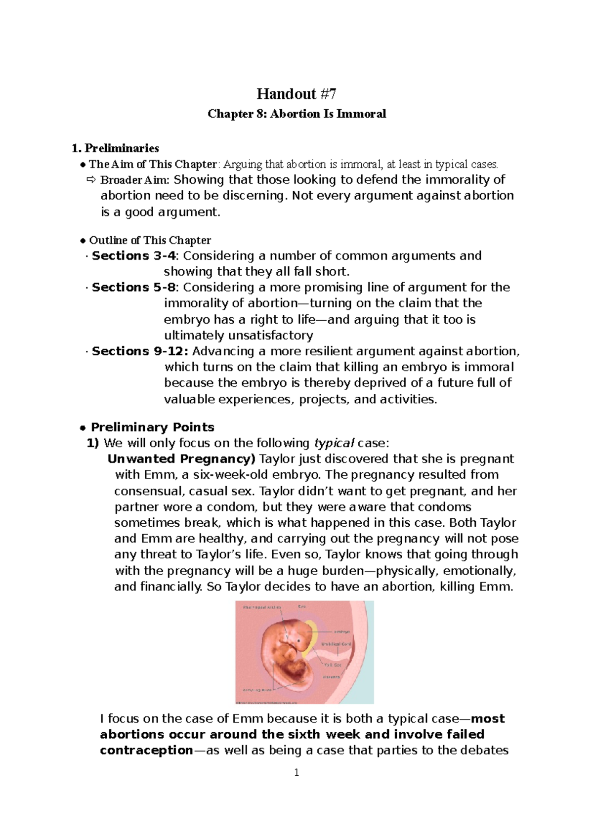 Handout#7 Abortion Is Immoral - Handout Chapter 8: Abortion Is Immoral 1. Preliminaries The Aim ...