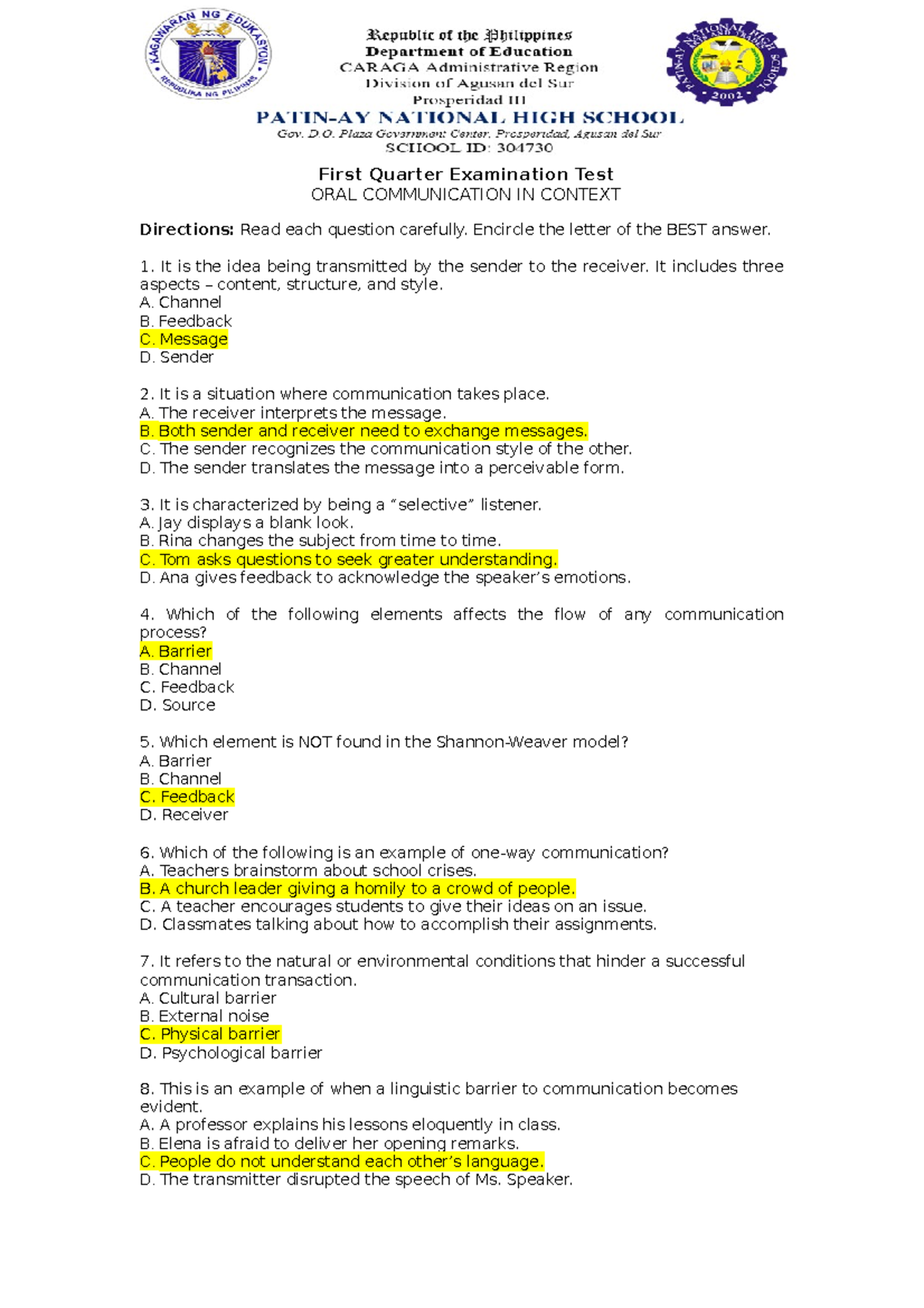Q-I- Answer KEY- Final-EXAM - Directions: Read each question carefully ...