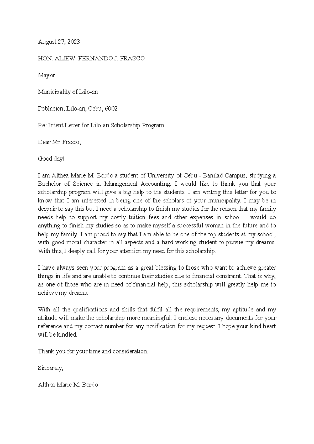 Althea-Intent - Intent Letter - August 27, 2023 HON. ALJEW FERNANDO J ...