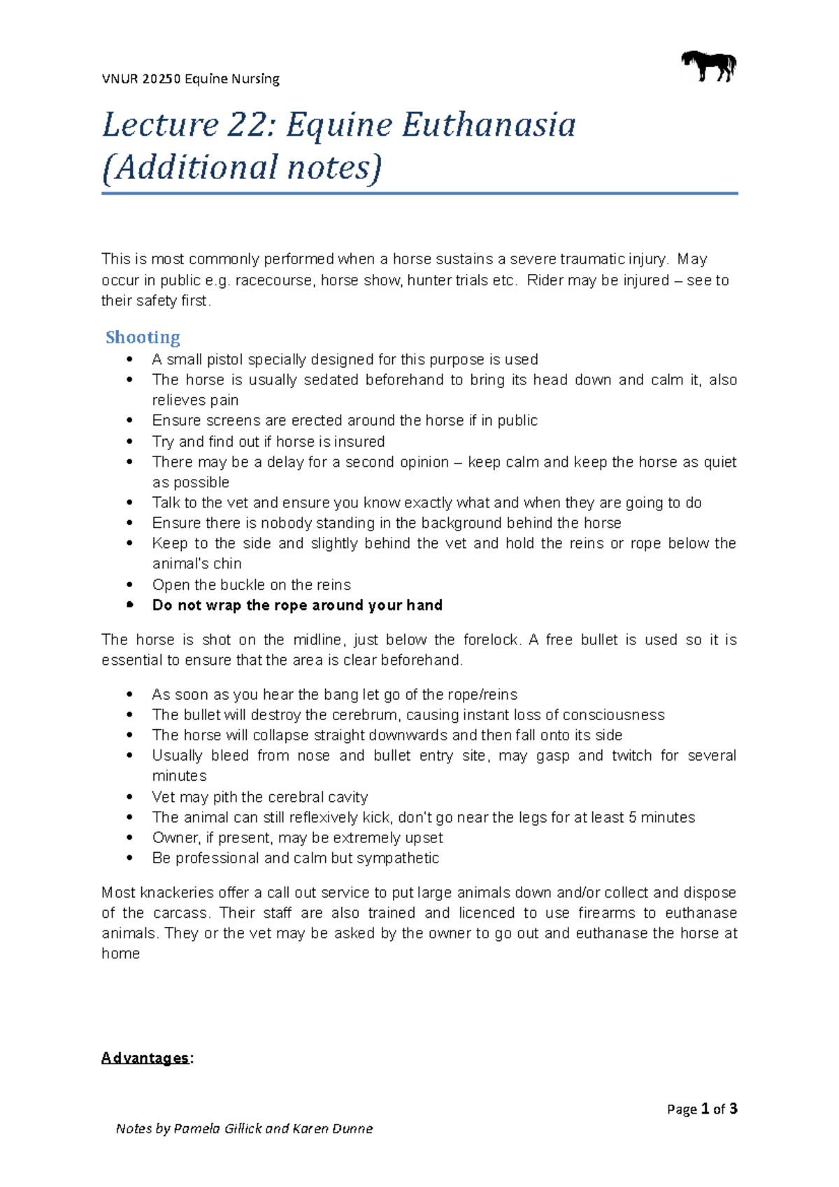 Euthanasia Notes - VNUR 20250 Equine Nursing Lecture 22: Equine ...
