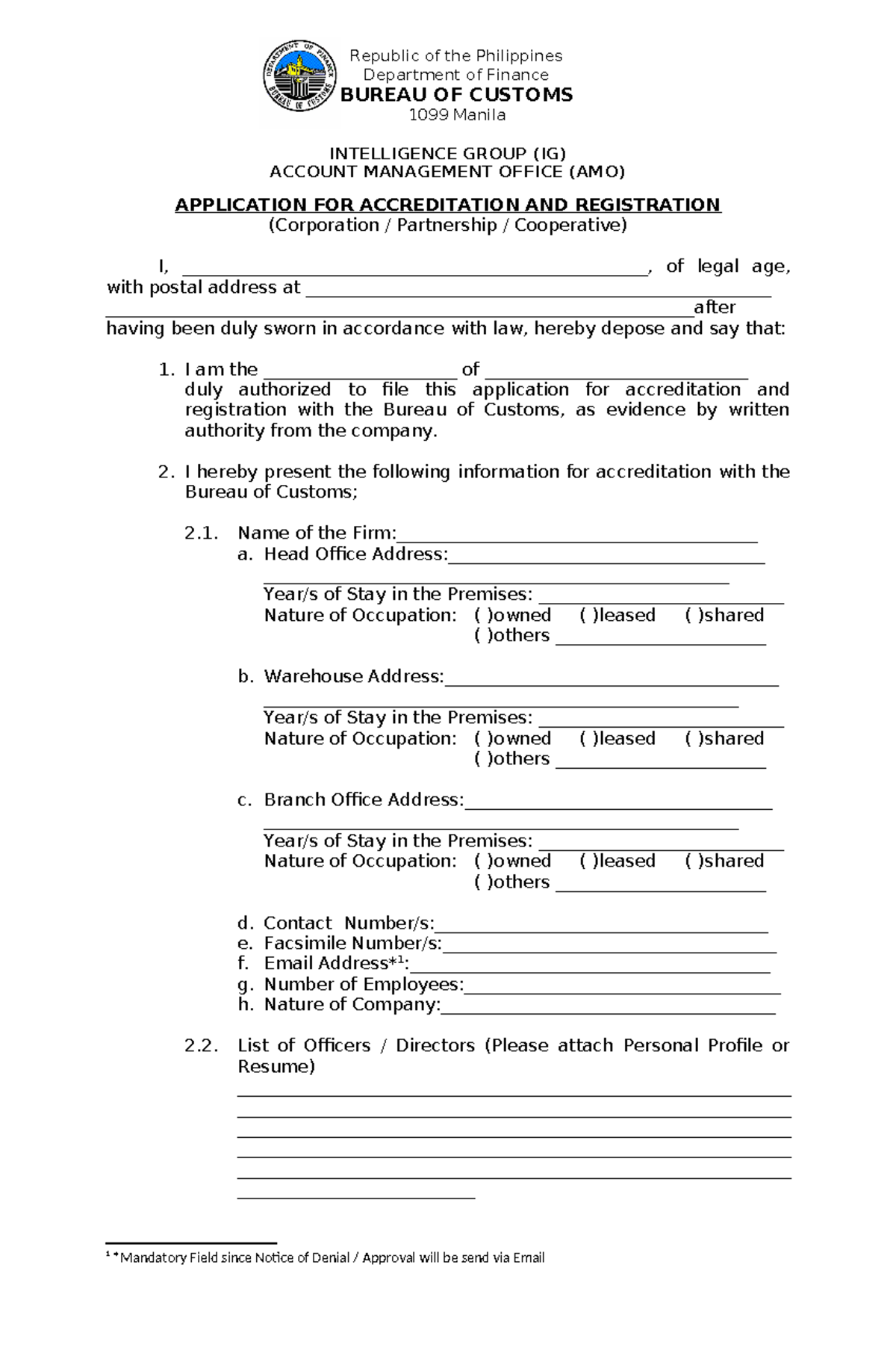 Application Form Corp - INTELLIGENCE GROUP (IG) ACCOUNT MANAGEMENT ...