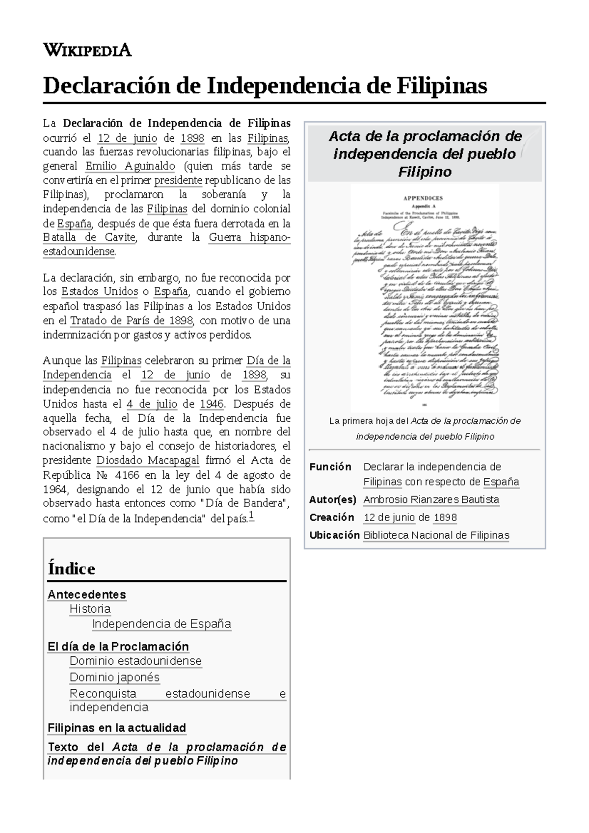 Declaración de Independencia de Filipinas - Acta de la proclamación de ...