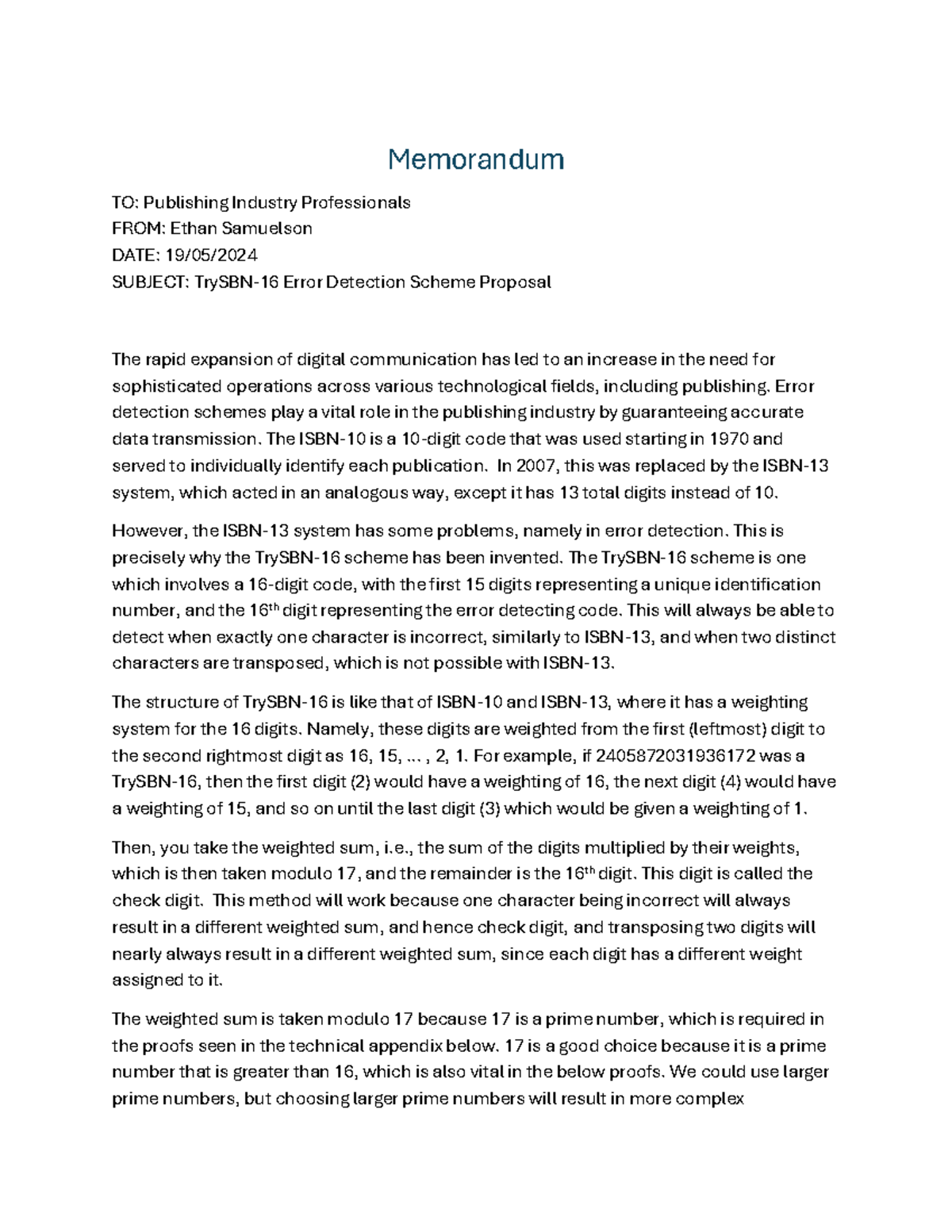 MATH1005 Written Assignment 2 - Ethan Samuelson Memorandum Technical ...