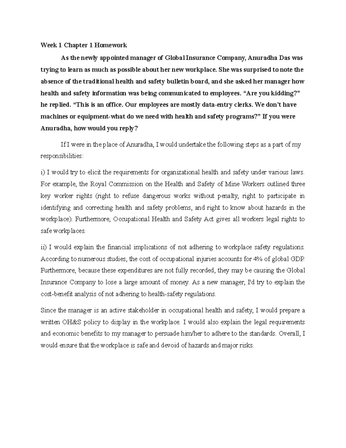 Week 1 Homework - Week 1 Chapter 1 Homework As the newly appointed ...