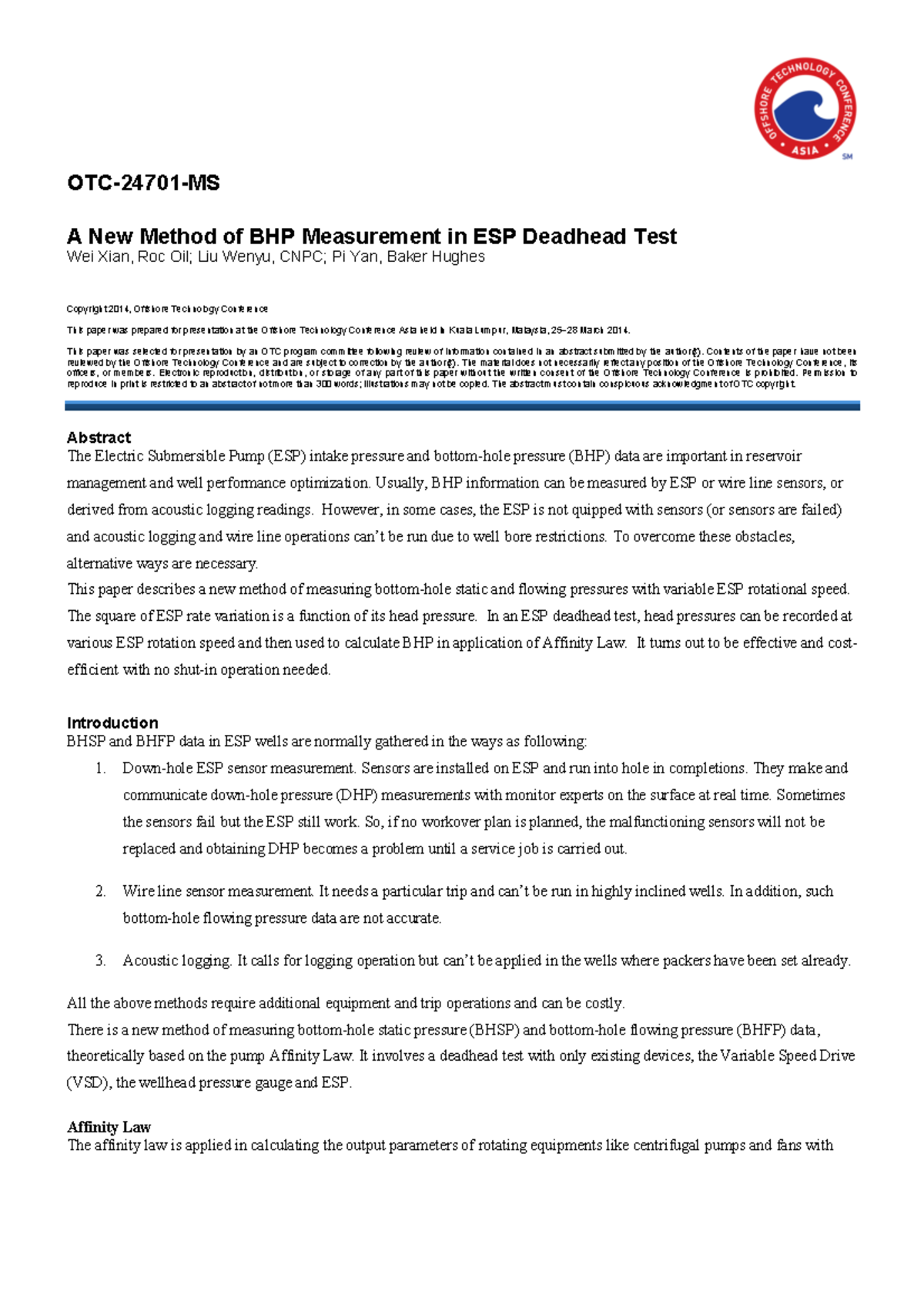 OTC-24701-MS - A New Method of BHP Measurement in ESP Deadhead Test ...