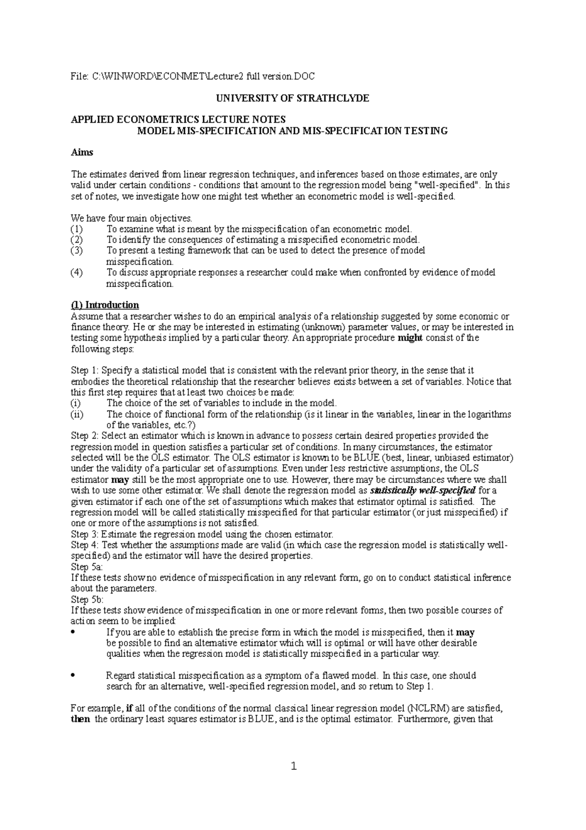 Model Mis Specification And Mis Specification Testing File Cwinwordeconmetlecture2 Full