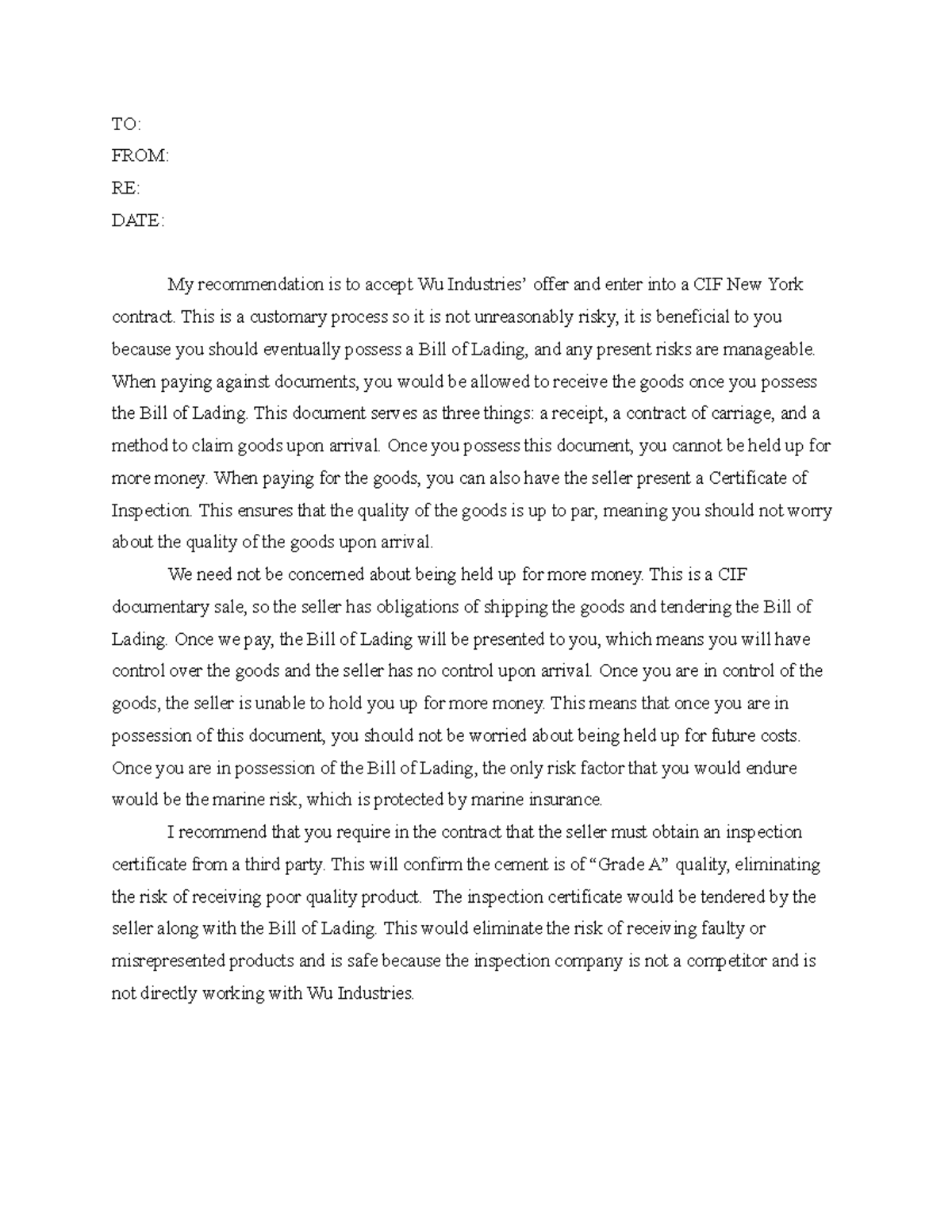 Memo #1 - High scoring first memo assignment - TO: FROM: RE: DATE: My ...