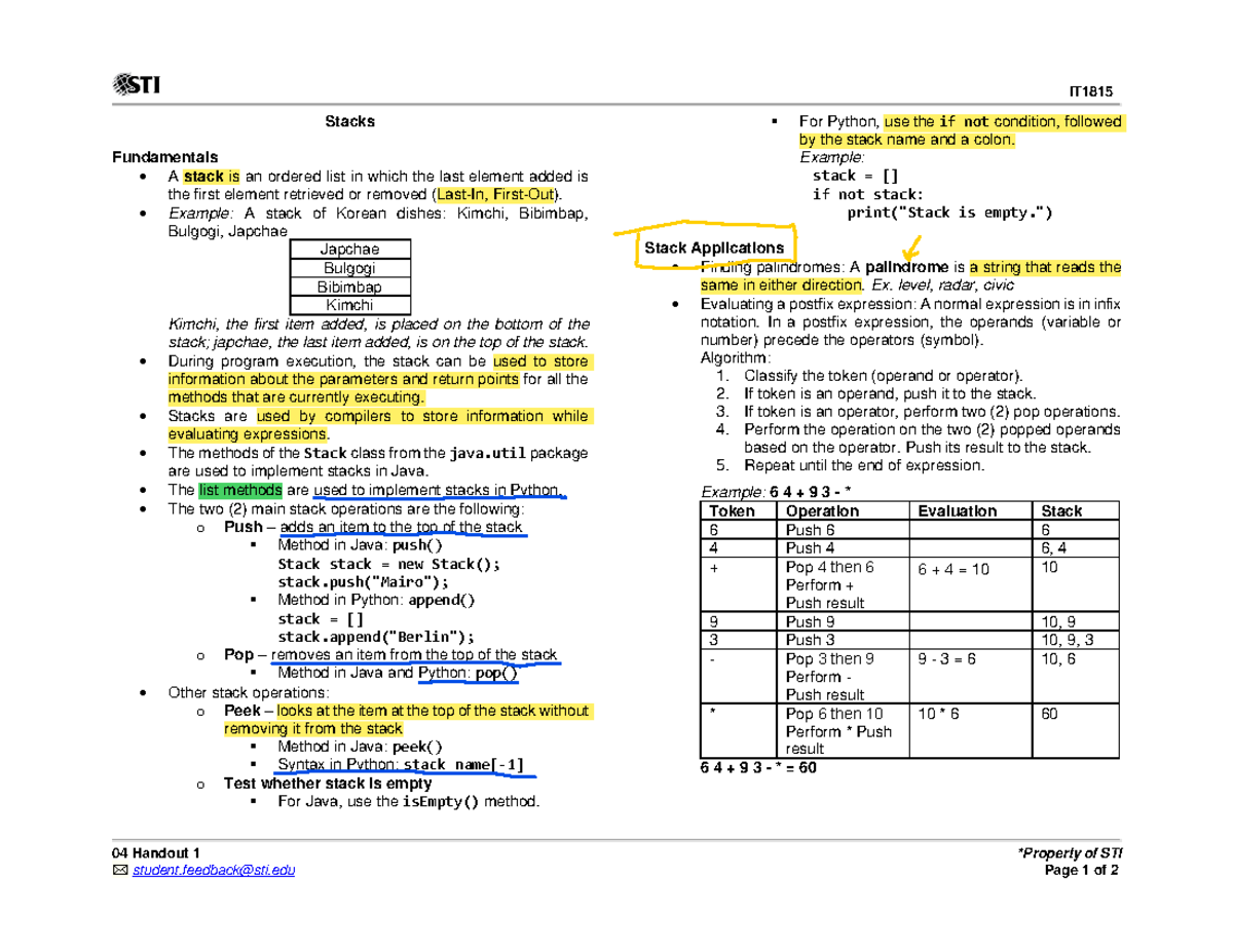 Data Stacks unlocked - midterms - IT 04 Handout 1 *Property of STI student@sti Page 1 of 2 ...