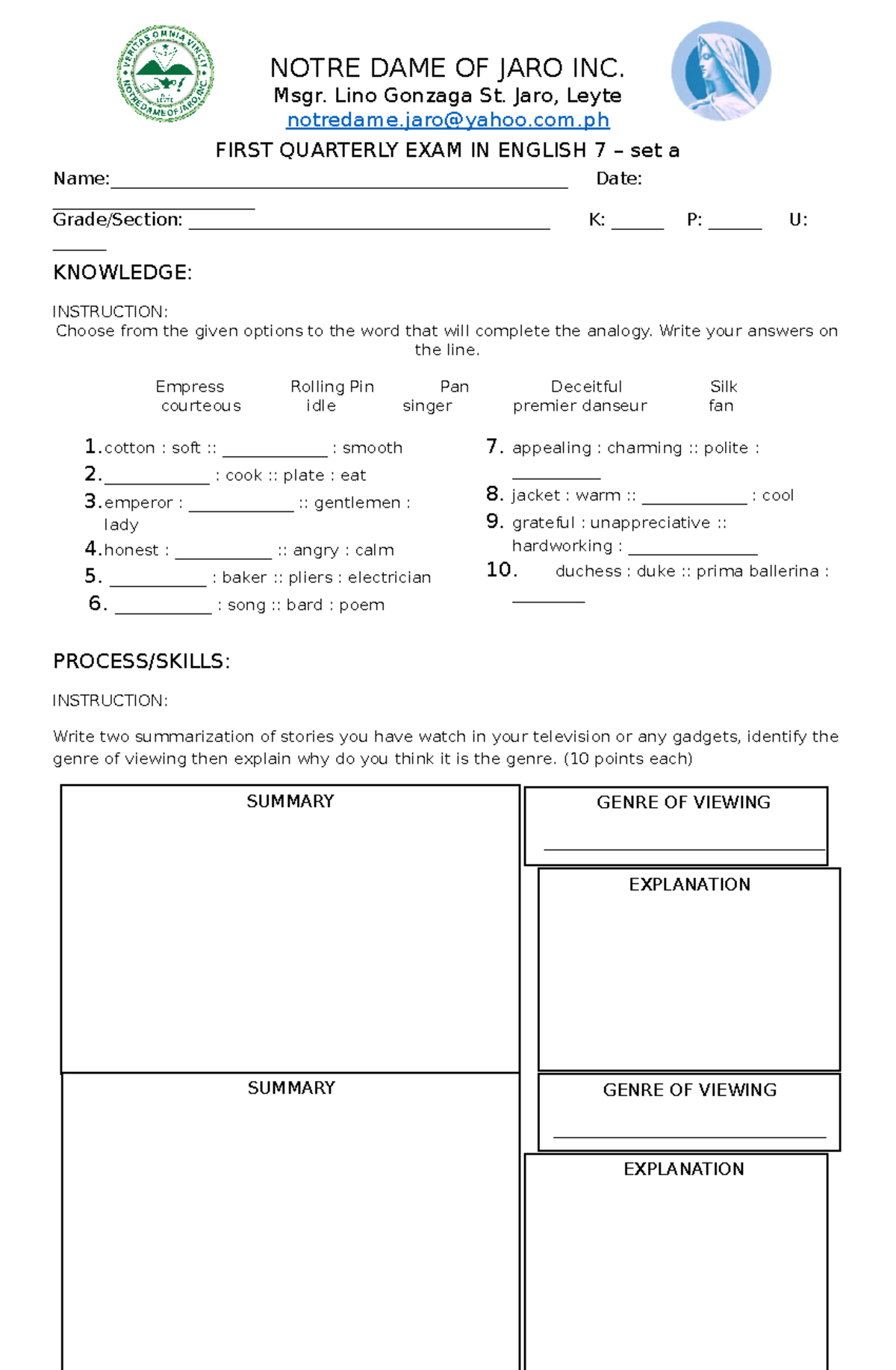 English 7 examination for junior high school school year 2020-2021 ...