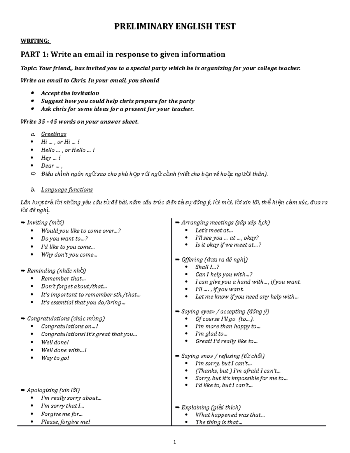 Preliminary English TEST - PRELIMINARY ENGLISH TEST WRITING: PART 1 ...