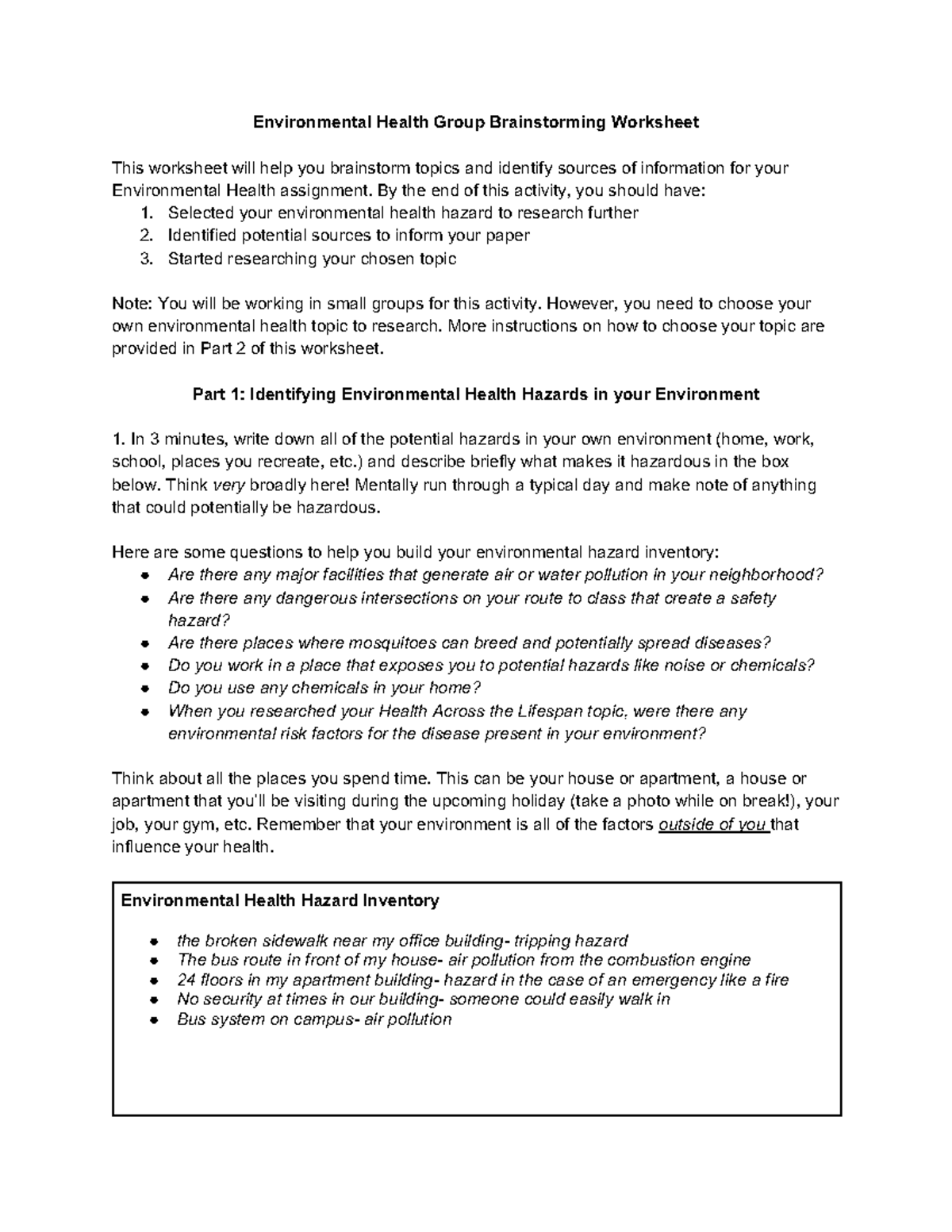 CHLH 101 Fall 2022 Week 12 Discussion Group Brainstorming Worksheet ...