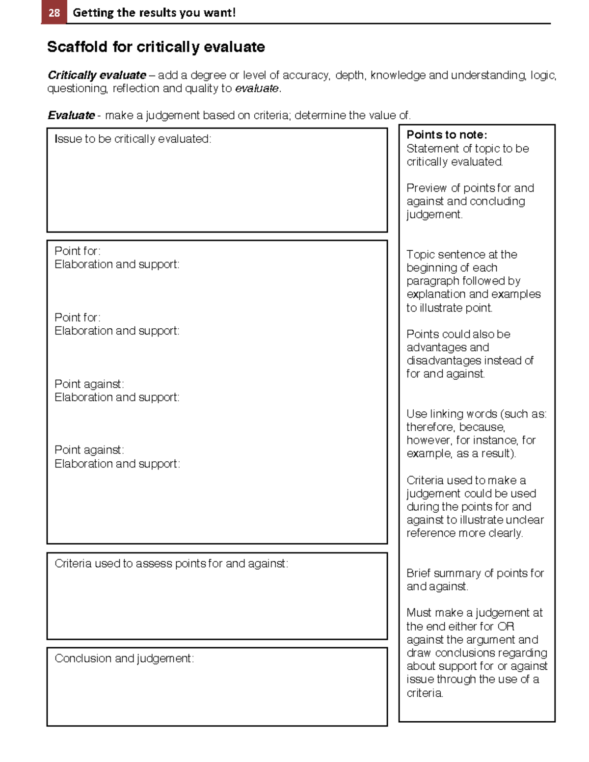 Writing Scaffold - Critically Evaluate - 28 Getting the results you ...