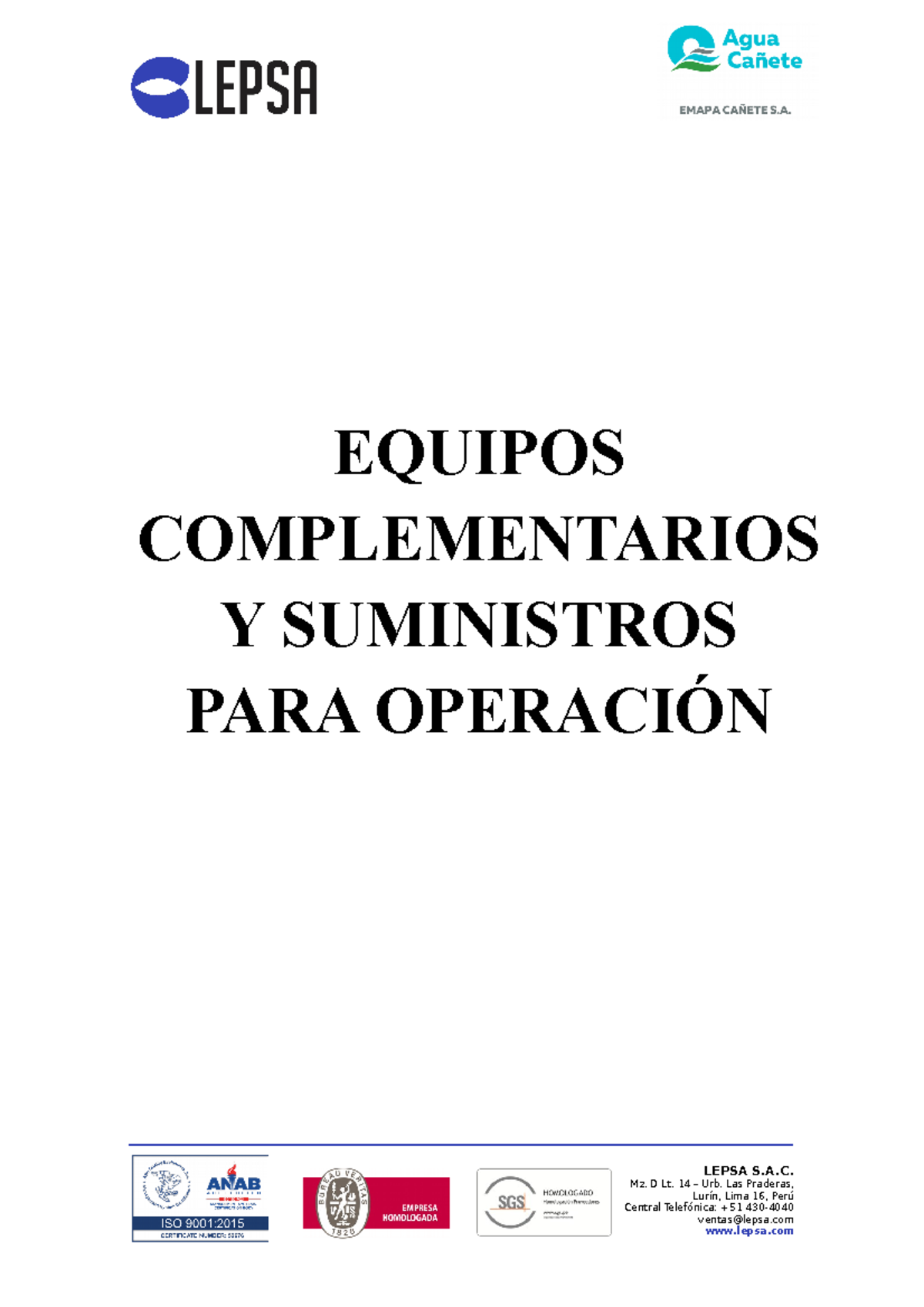 Equipos Complementarios Y Suministros PARA Operacion - EQUIPOS COMPLEMENTARIOS Y SUMINISTROS ...