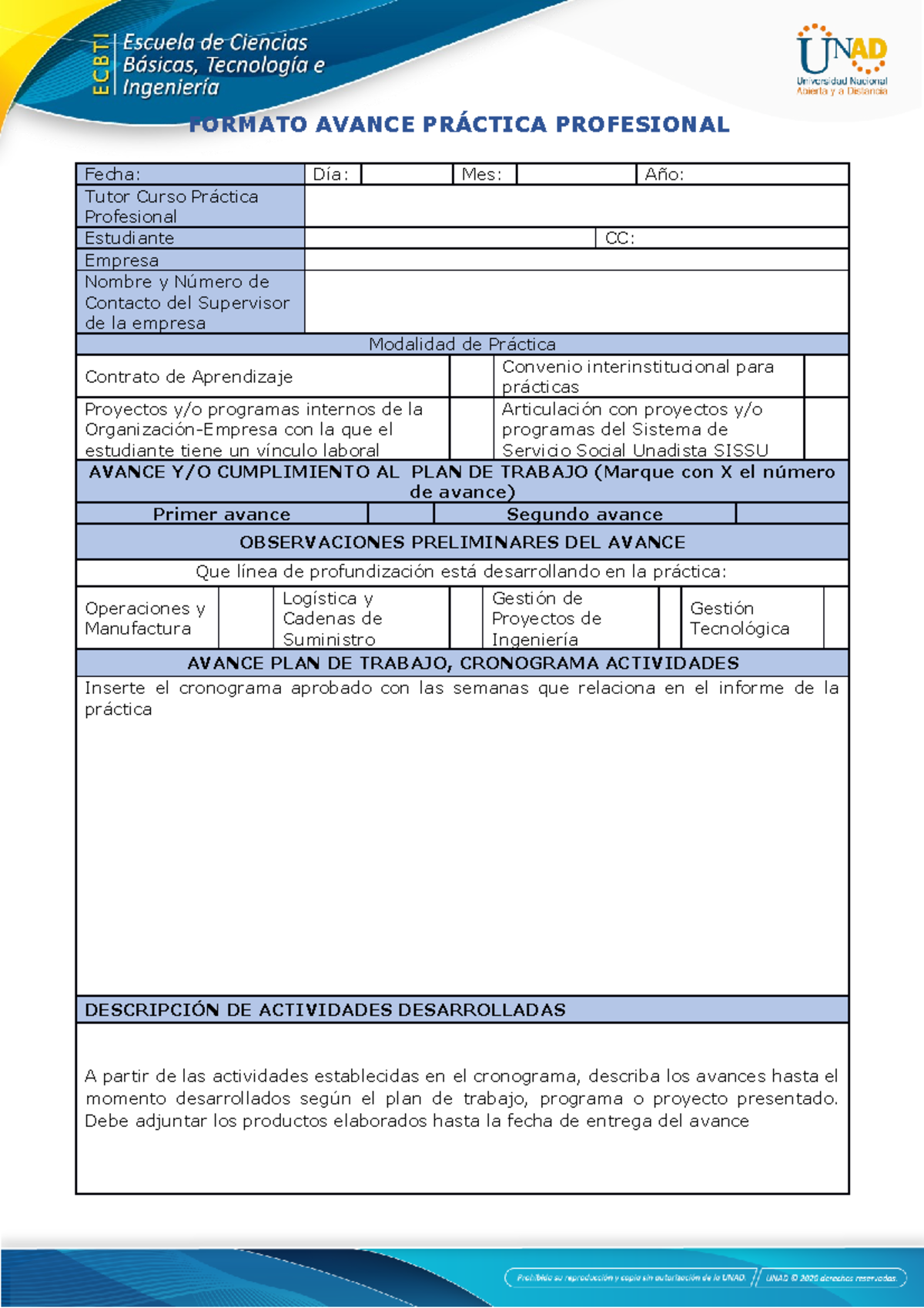 Anexo 2 - Formato de Avance - FORMATO AVANCE PRÁCTICA PROFESIONAL Fecha ...