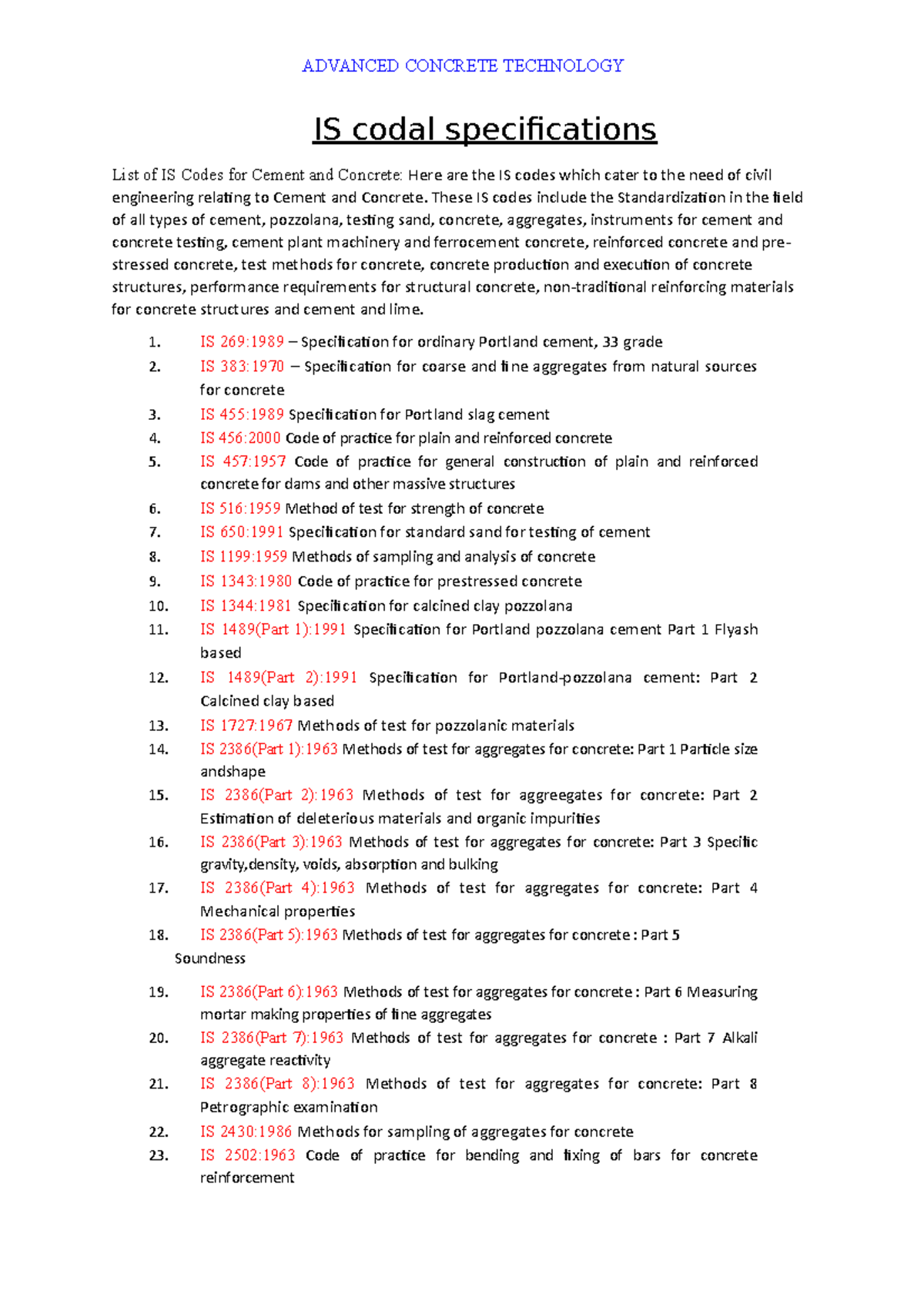 IS codal specifications - These IS codes include the Standardization in ...