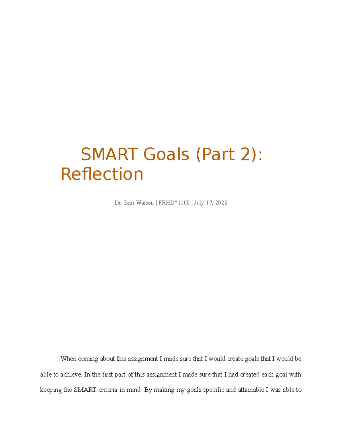 Smart Goals (Part 2) Reflection - SMART Goals (Part 2): Relection Dr ...