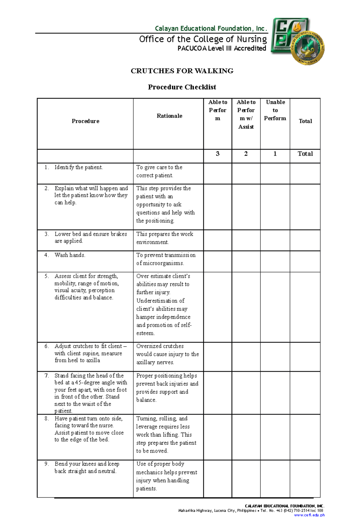 Assistive Device Checklist CRUTCHES FOR WALKING Procedure Checklist assistive-device-checklist-crutches-for-walking-procedure-checklist