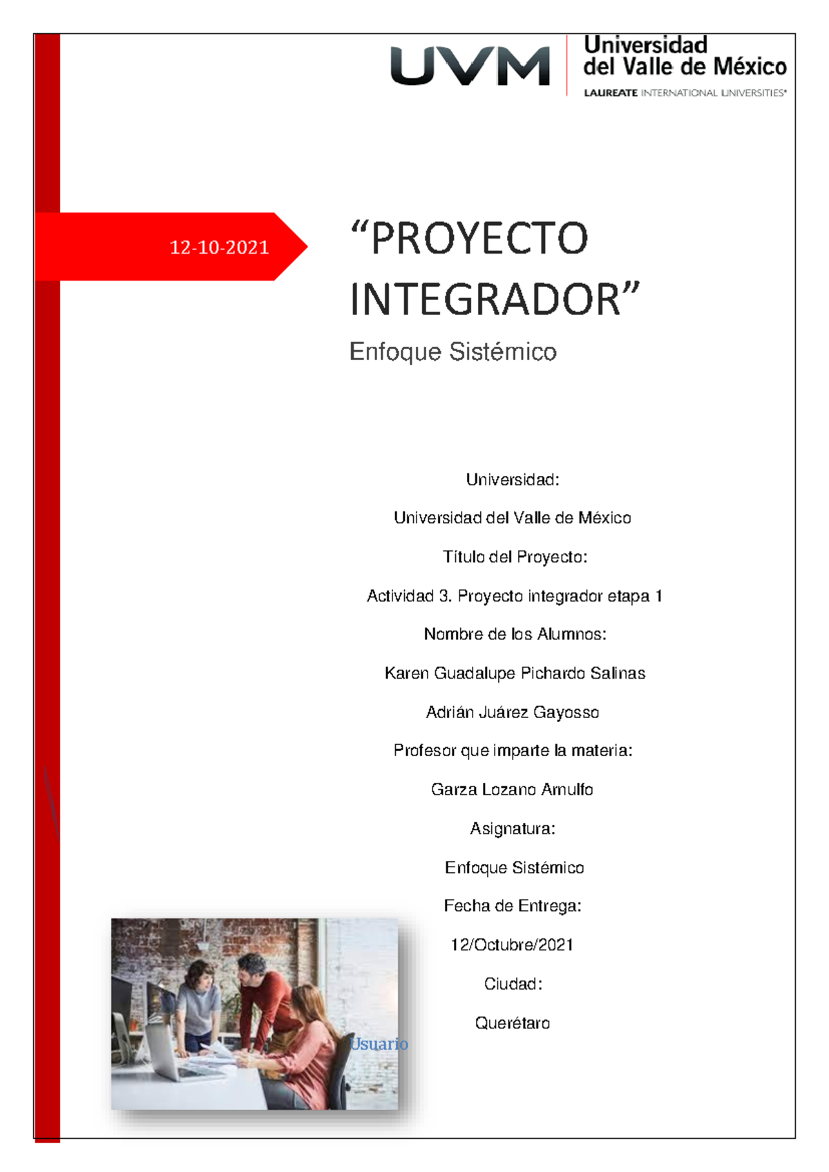 A3 AJG - Trabajo - 12 - 10 - 2021 “PROYECTO INTEGRADOR” Enfoque Sistémico Usuario Universidad ...