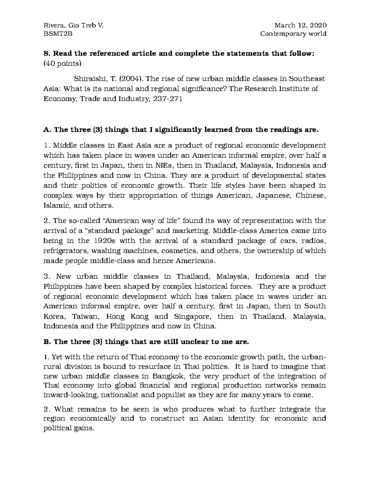 The rise of new urban middle classes in Southeast Asia: - Contemporary ...
