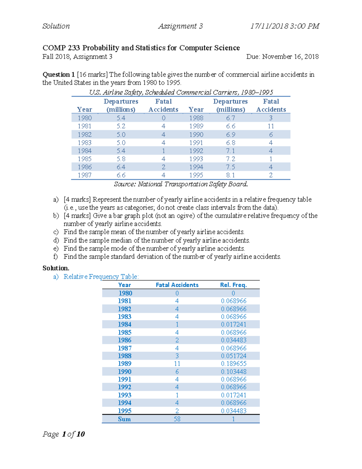 COMP 233 F18 Assignment 3 Solution - COMP 233 Probability and ...