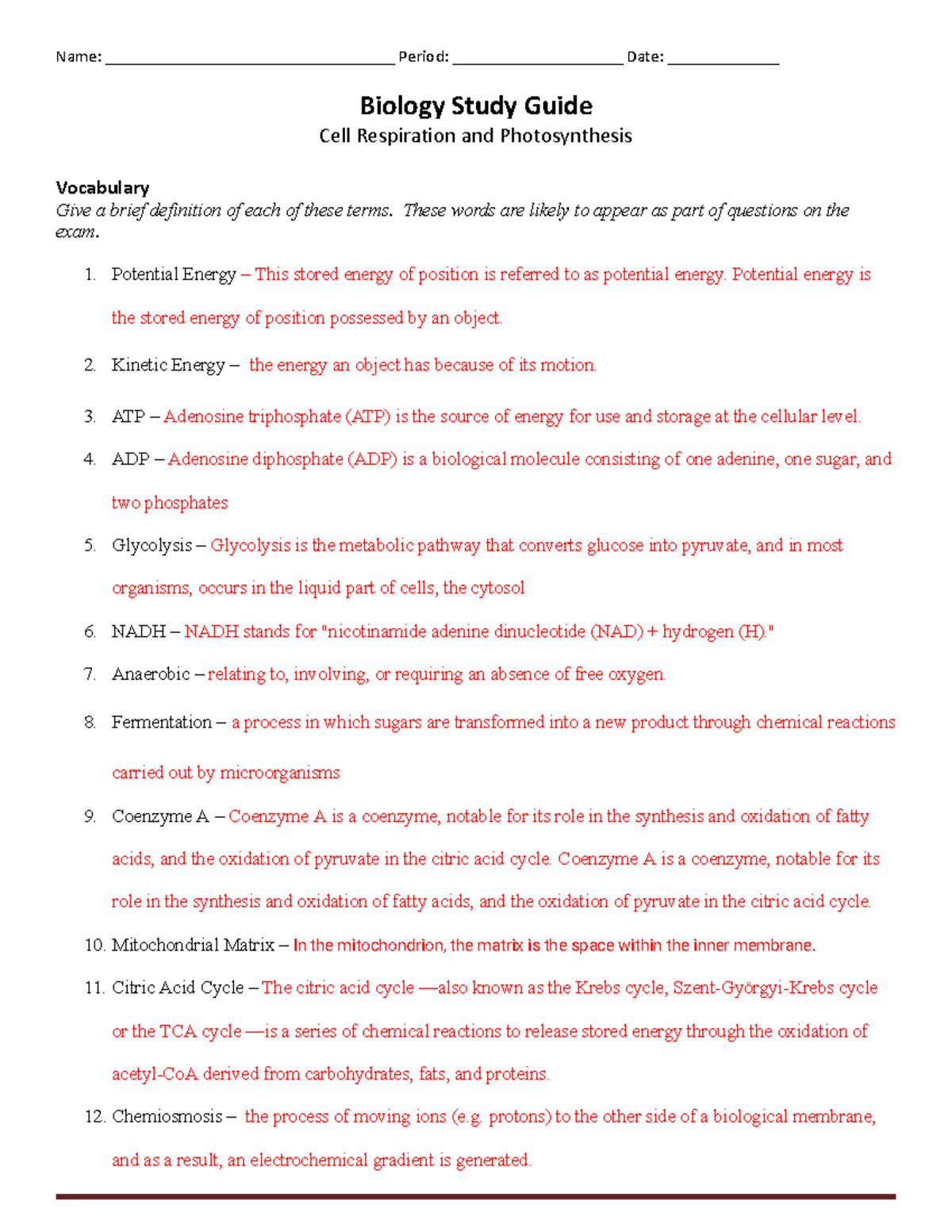 Cell+Respiration+and+Photosynthesis+Study+Guide - Name
