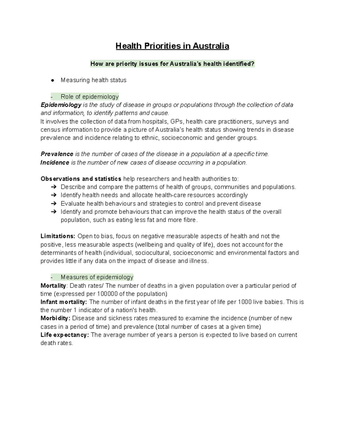 Core 1 - Health priorities in australia - Health Priorities in ...