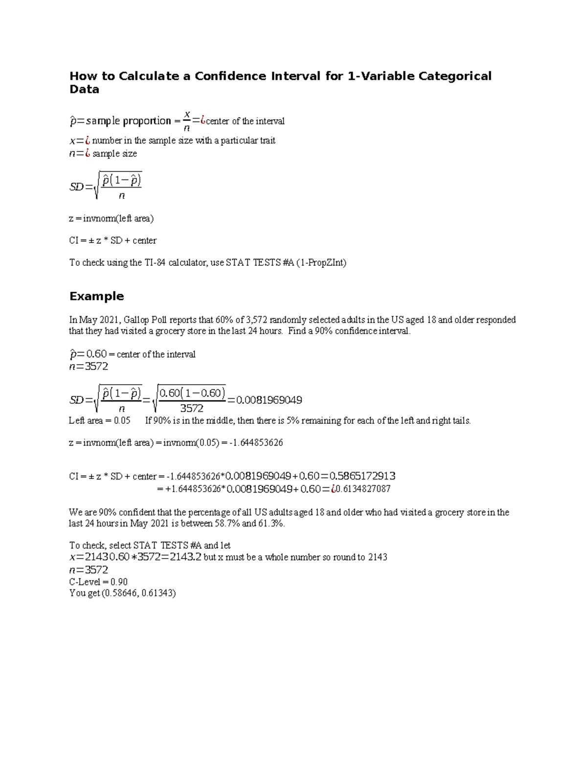 How to Calculate a Confidence Interval for 1 Var Categorical Data - How to Calculate a ...