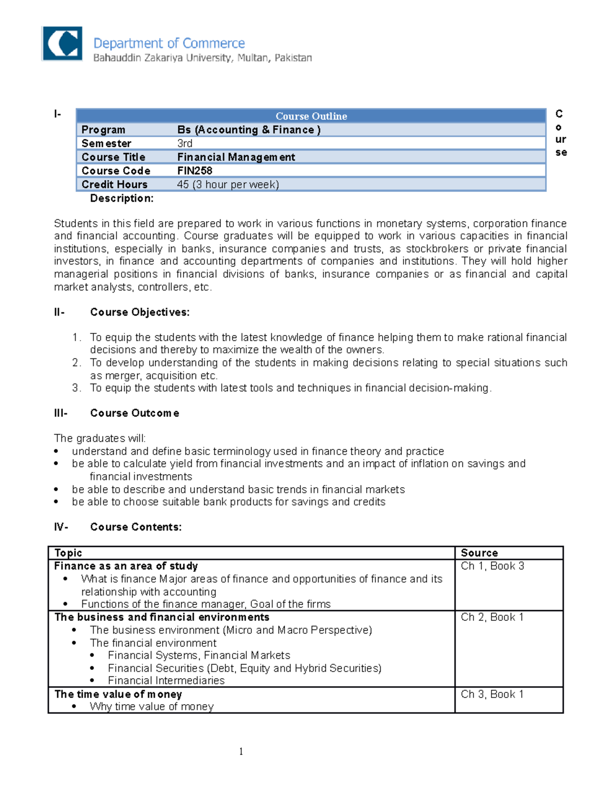 Financial Management Course Outline-Anam Zafar - I- C o ur se ...