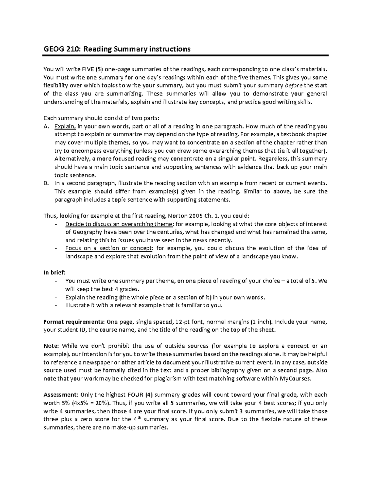 GEOG 210 Reading summary instructions - GEOG 210: Reading Summary ...