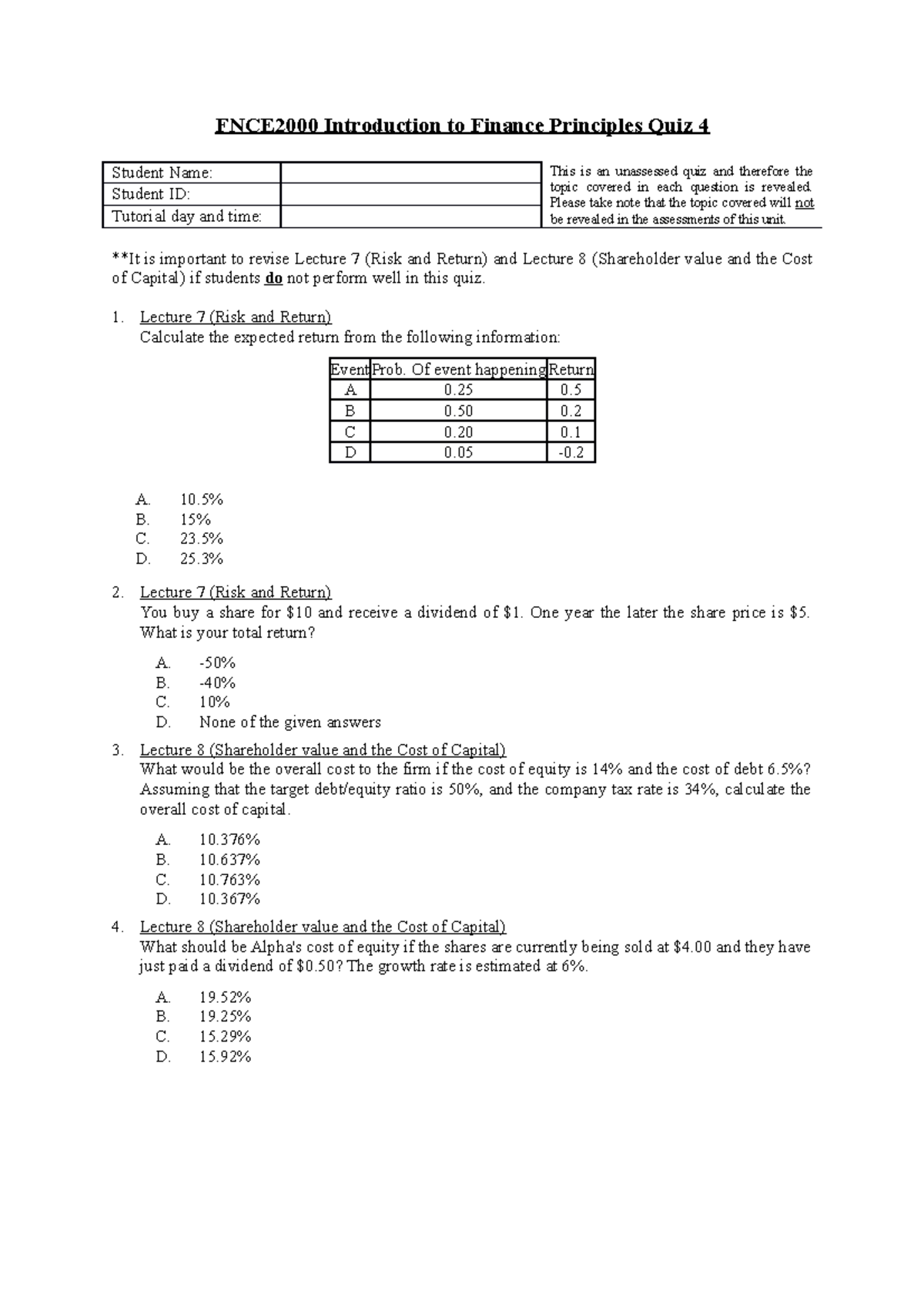 FNCE2000 Introduction to Finance Principles Quiz 4 Revised - Please ...