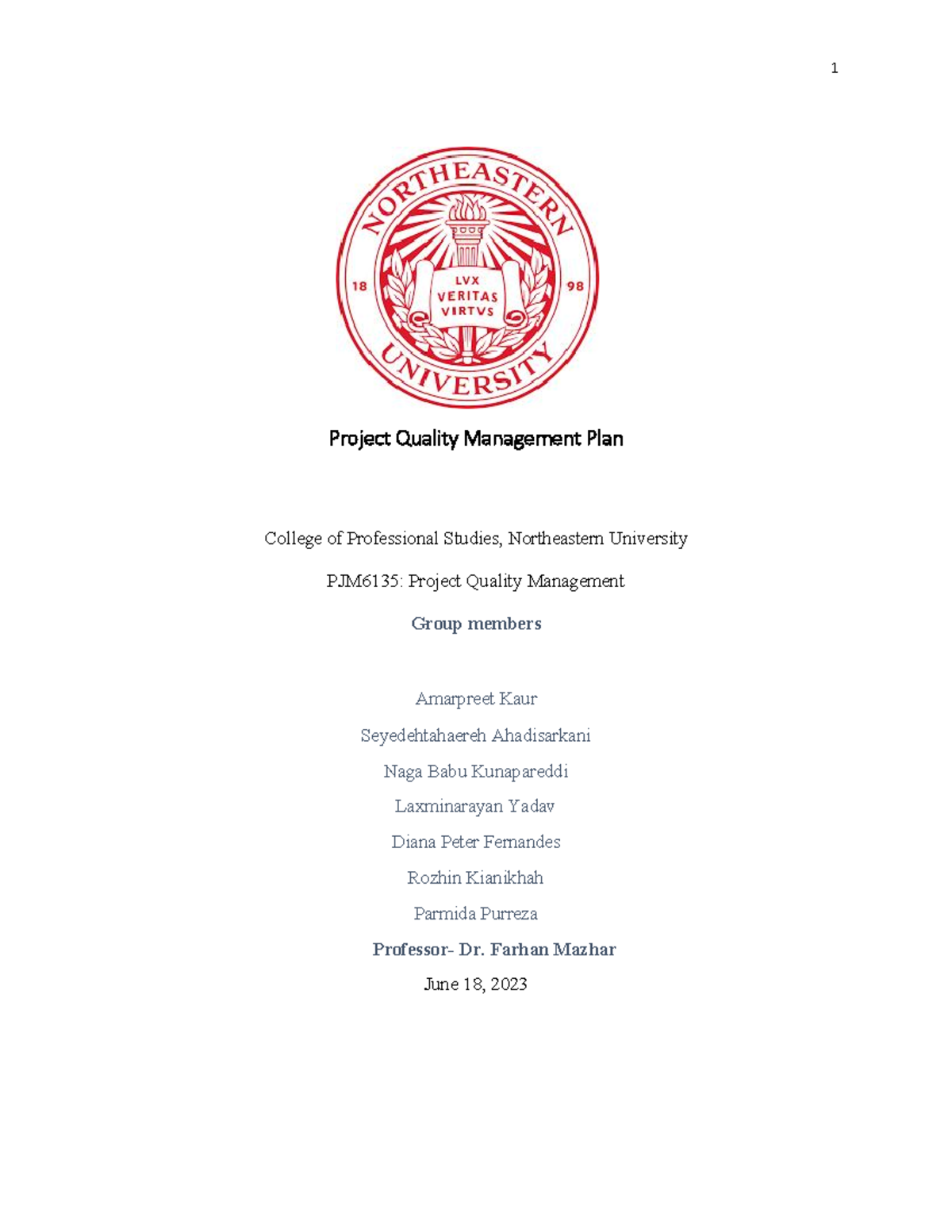 GP assignment -4 - quality plan - Project Quality Management Plan College of Professional ...