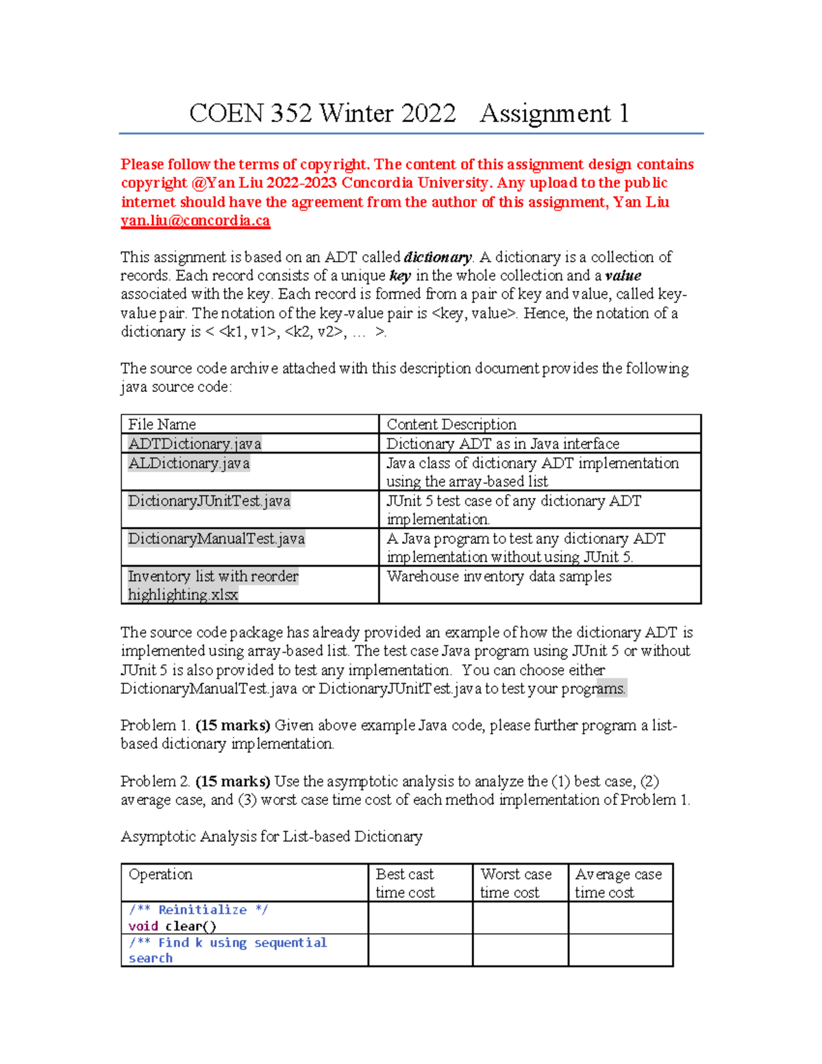 COEN 352 F 2023 Assignment 1 - COEN 352 Winter 2022 Assignment 1 Please follow the terms of ...